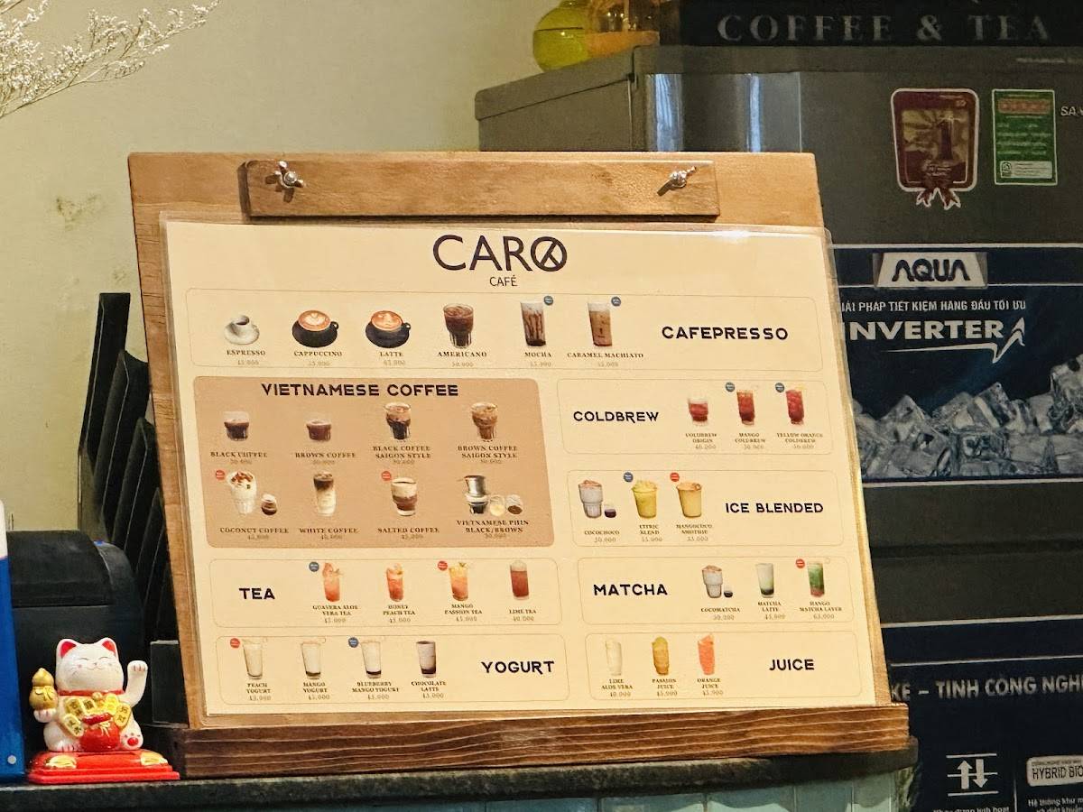 Menu at Caro Cafe, Da Nang