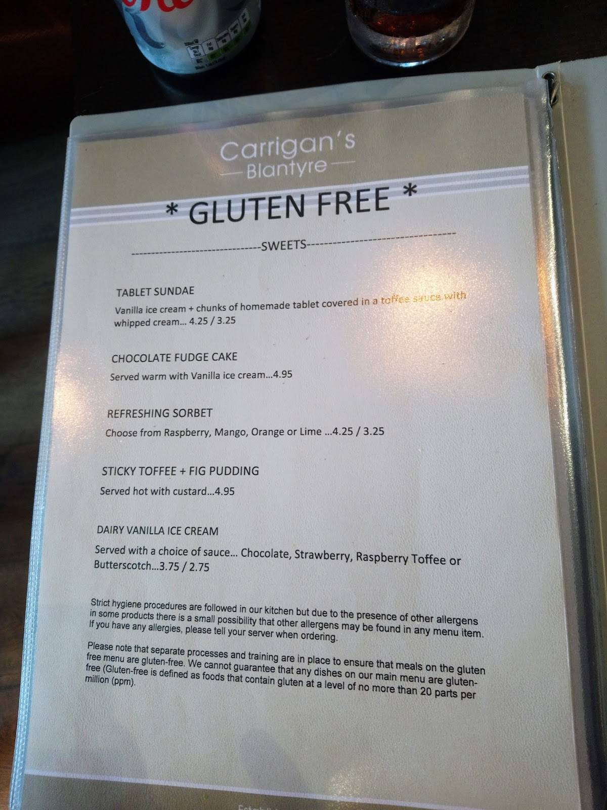 Menu at Carrigan's Blantyre restaurant, Glasgow