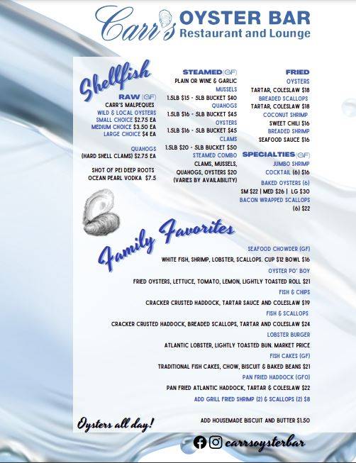Menu at Carr's Oyster Bar, Stanley Bridge
