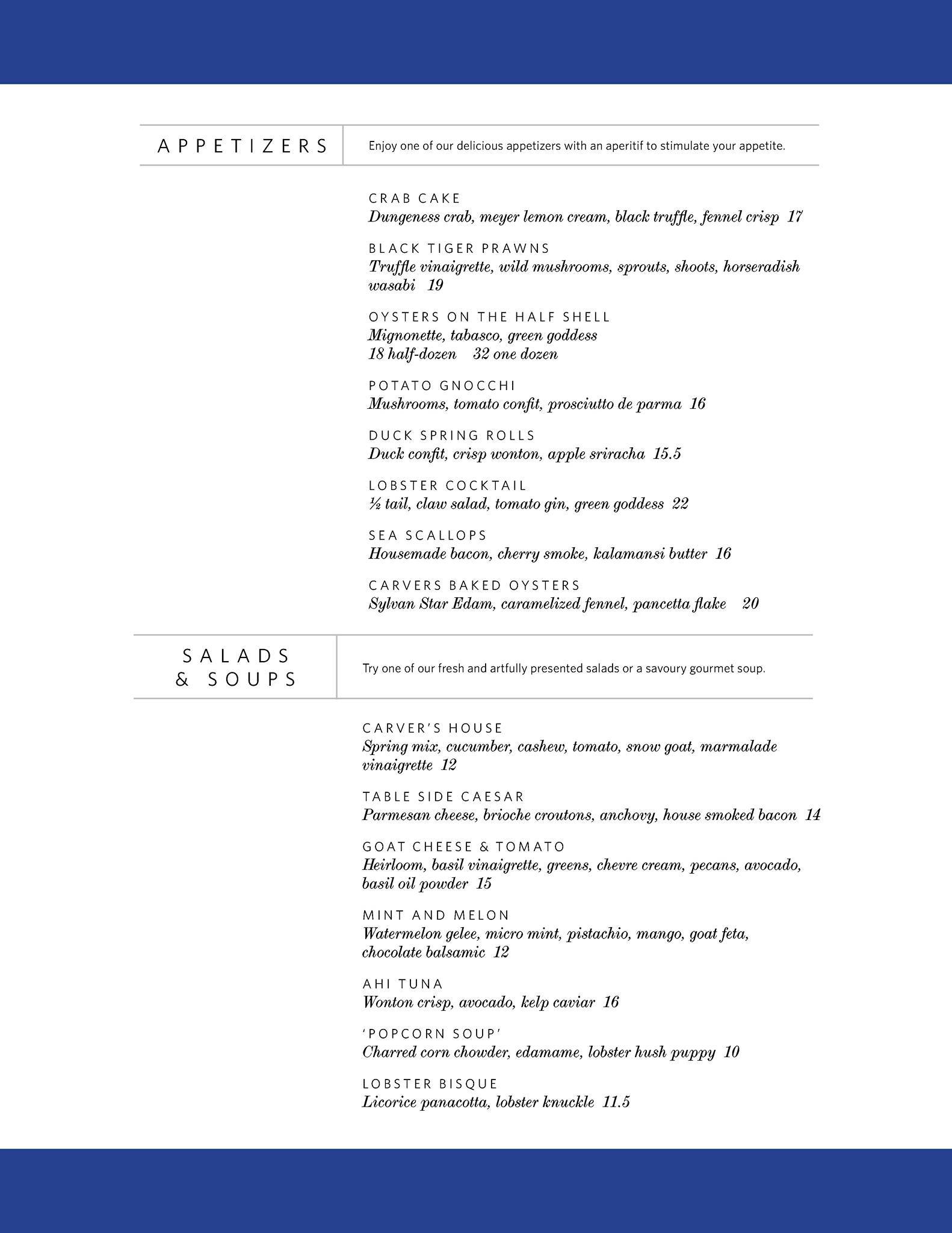 Menu at Carver's Steakhouse - Sheraton Cavalier, Calgary, 32 Ave NE