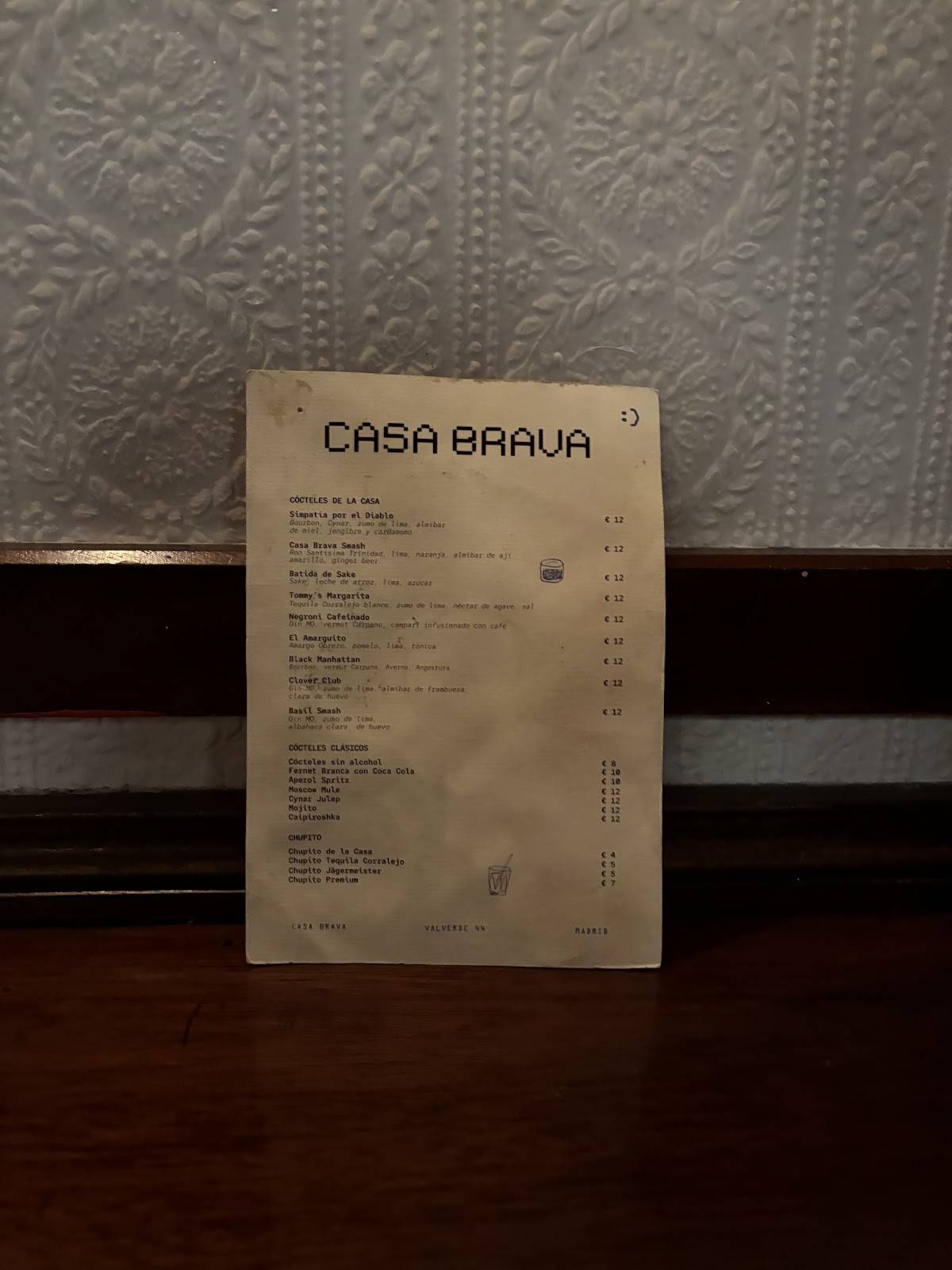 Carta del pub y bar Casa Brava, Madrid