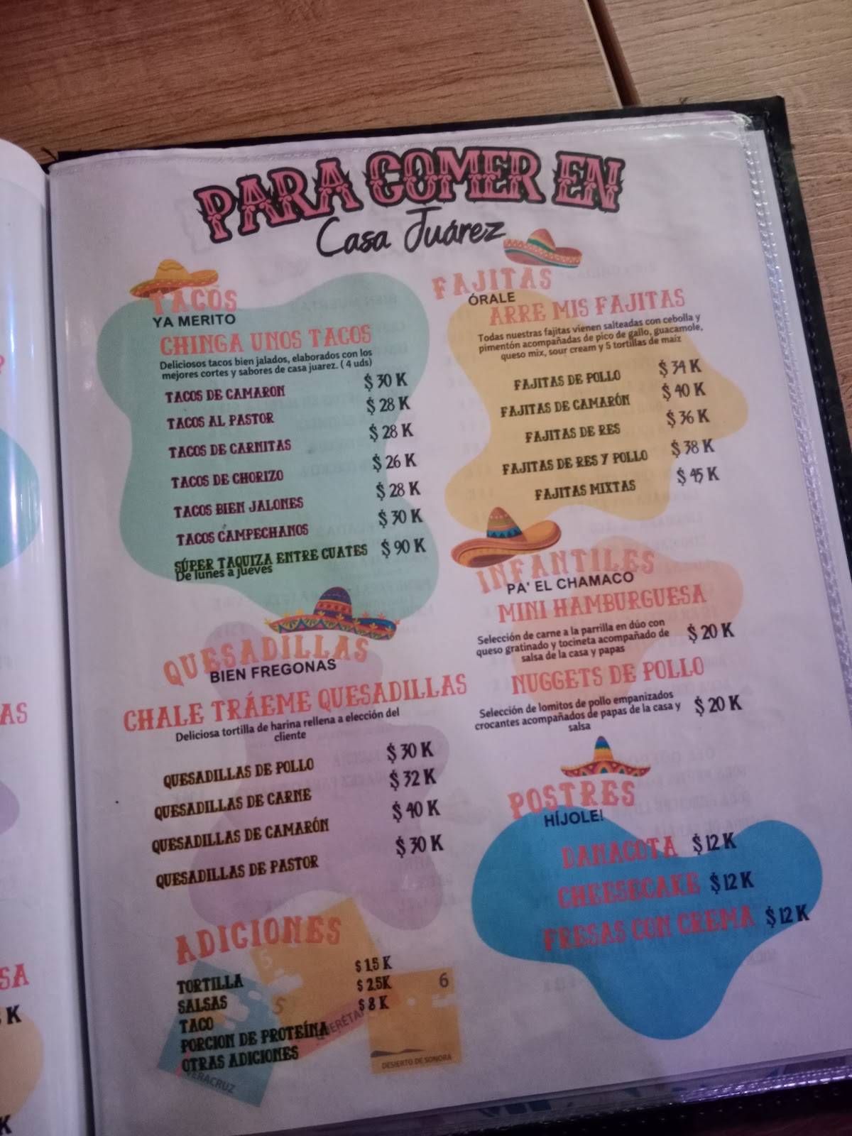Menu at Casa Juárez Bosa restaurant, Bogotá