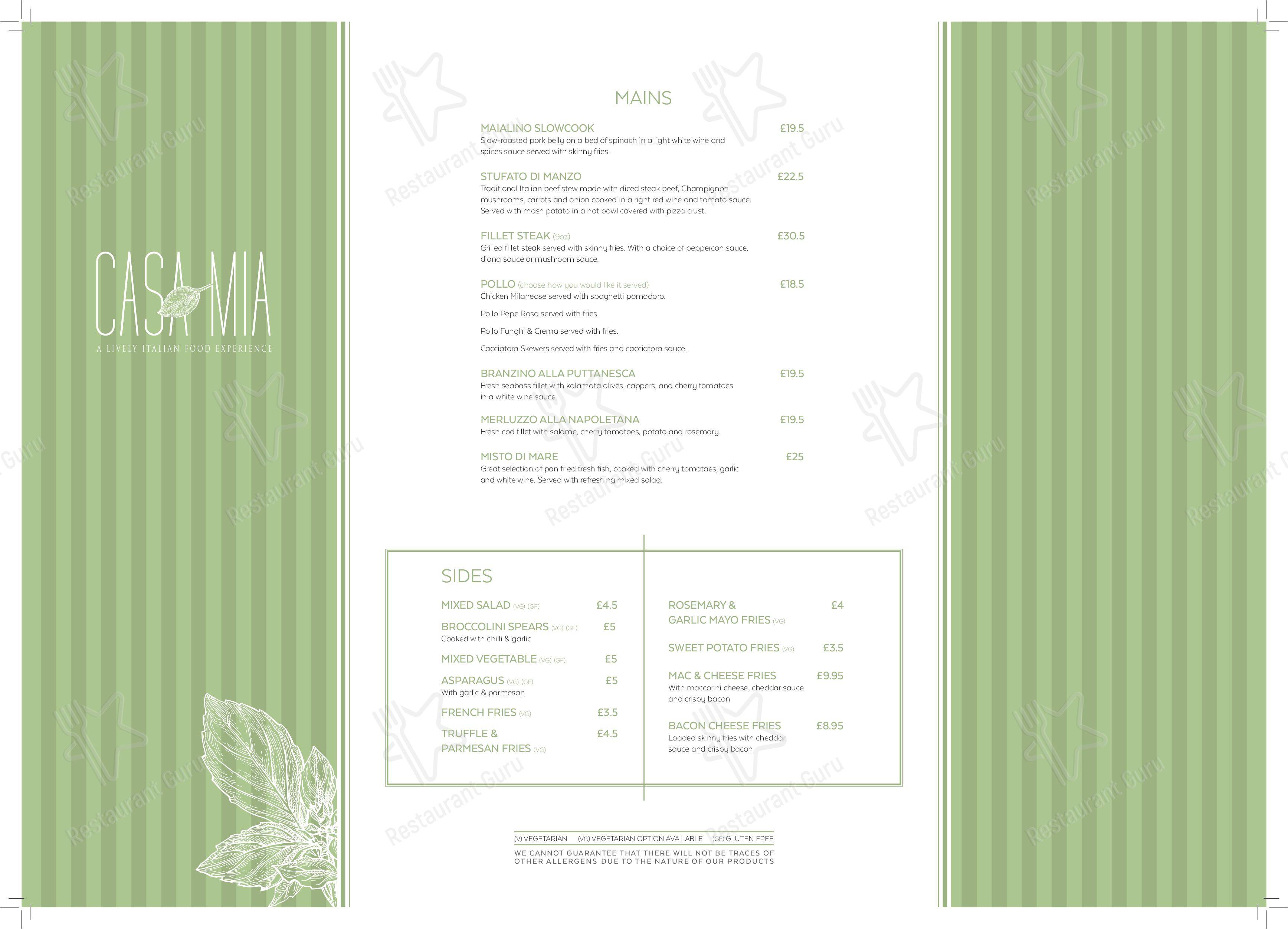 Menu at Casa Mia restaurant, Dunfermline