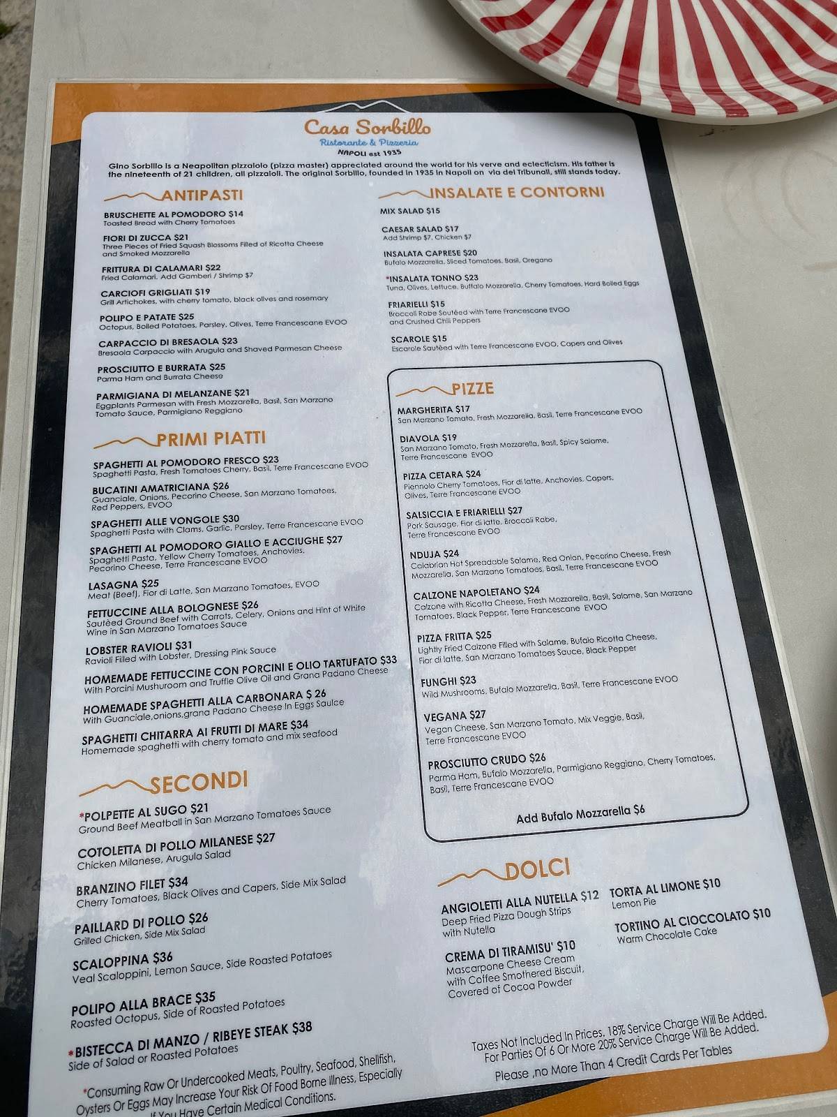 Menu at Casa Sorbillo - Miami Beach pizzeria, Miami Beach