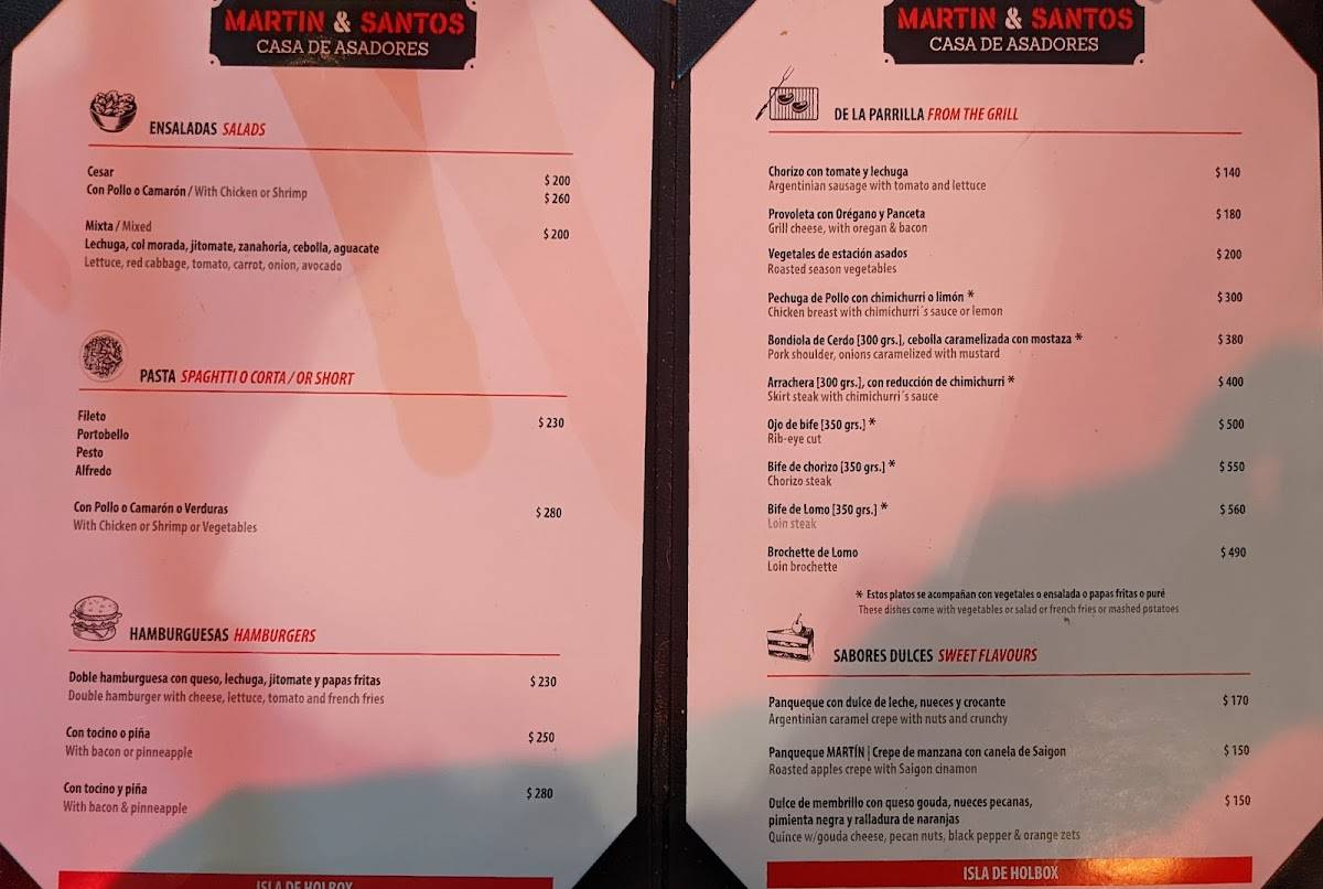 Menu at Casa de asadores Martín & Santos restaurant, Holbox
