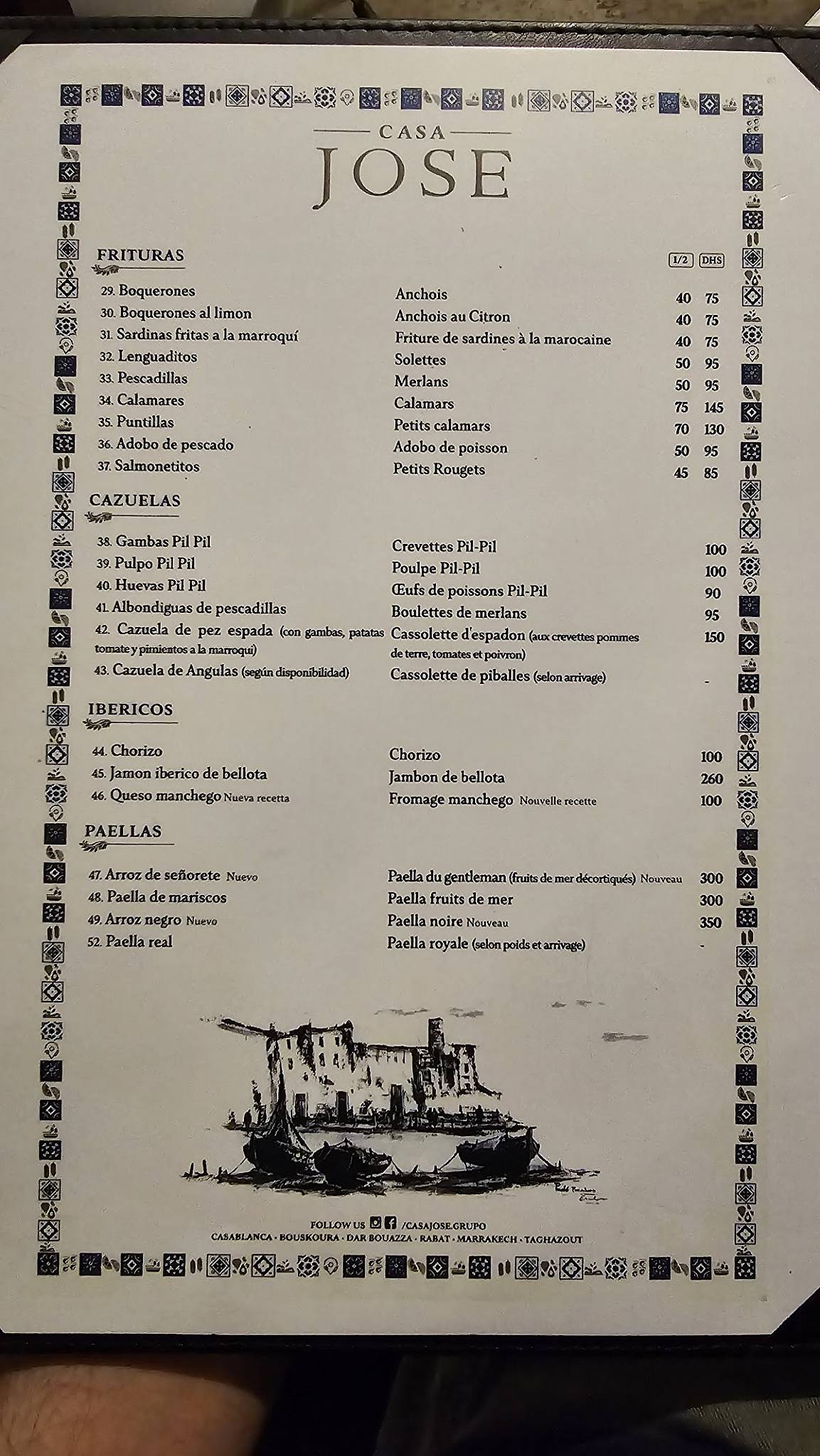 Menu au Casa jose fes restaurant, Fes