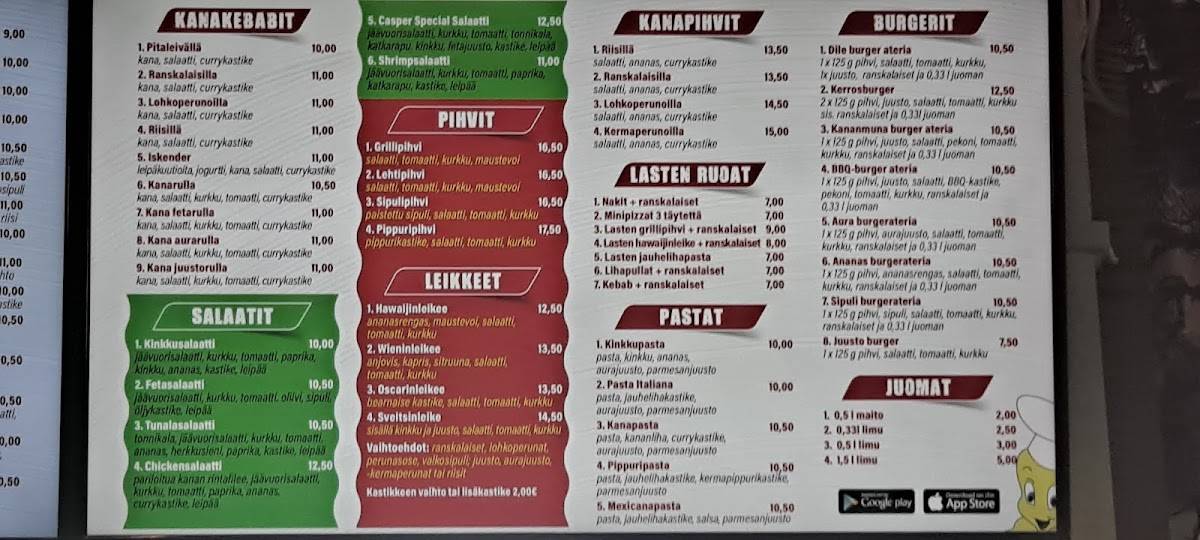 Menu at Casper restaurant, Hollola, Mursketie 2