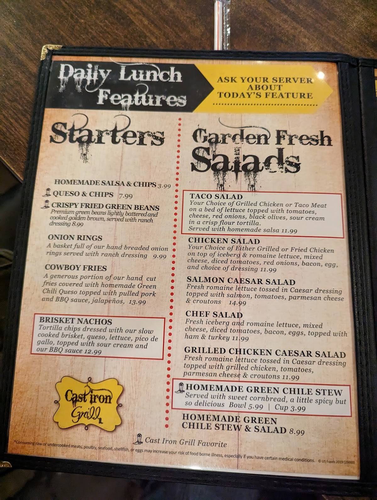 Menu at Cast Iron Grill restaurant, Lubbock, 620 19th St