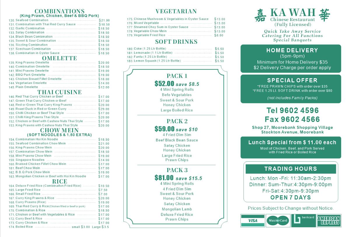 Menu at Ka Wah Chinese Restaurant, Moorebank