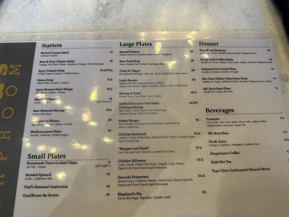 Menu at Cat Cora's Taproom restaurant, Detroit