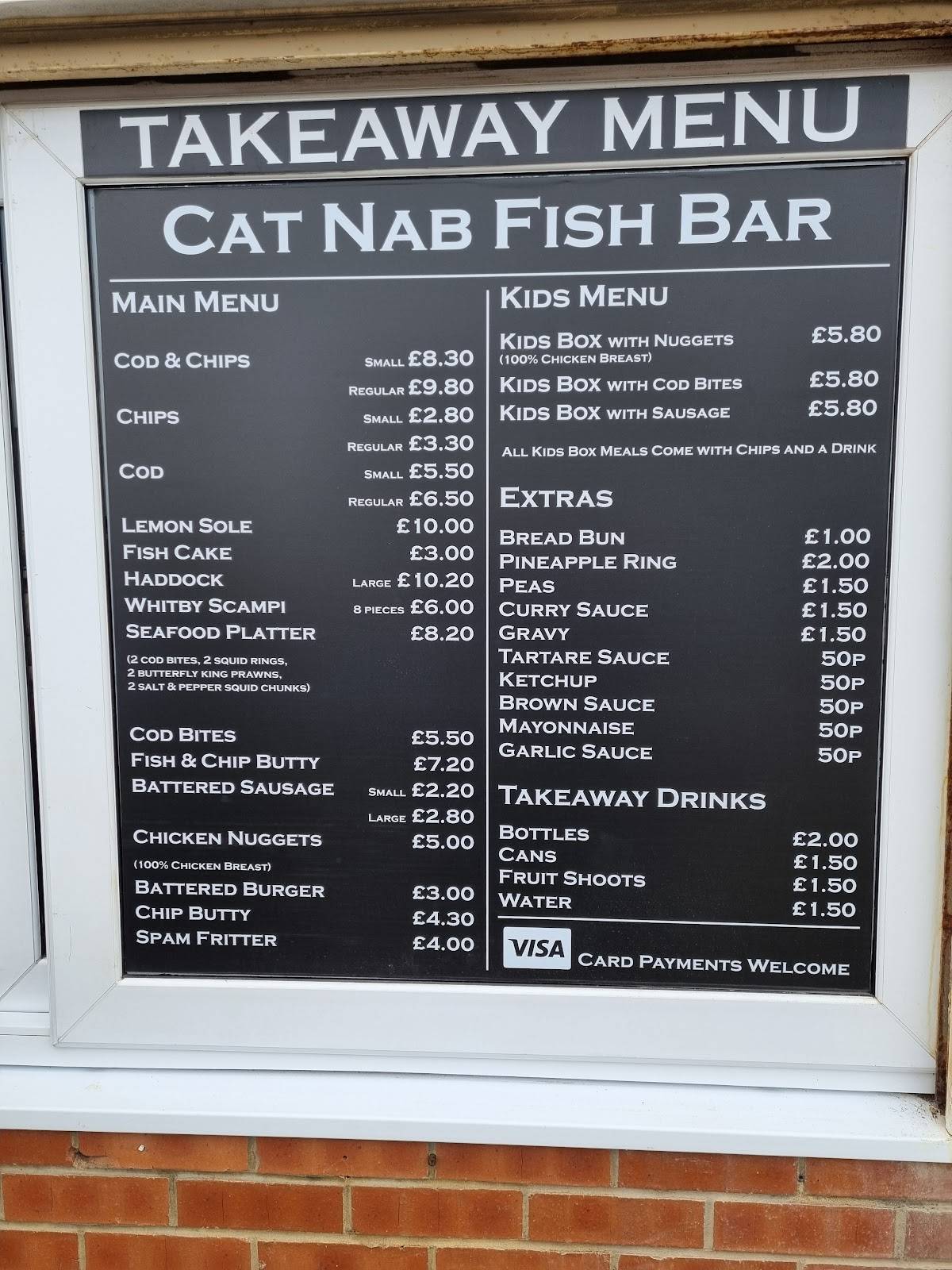 Menu at Cat Nab Fish n Chips restaurant, Saltburn-by-the-Sea