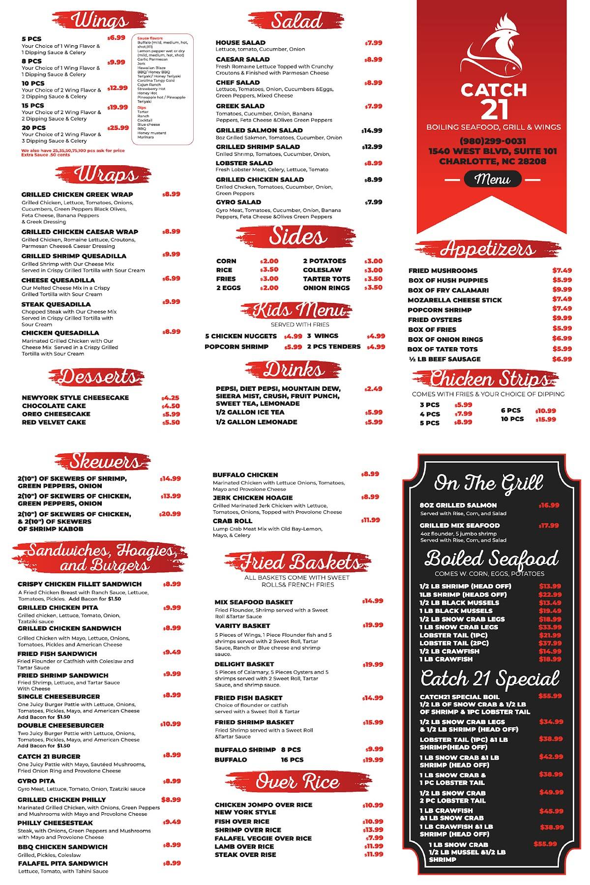Menu at Catch 21 restaurant, Charlotte