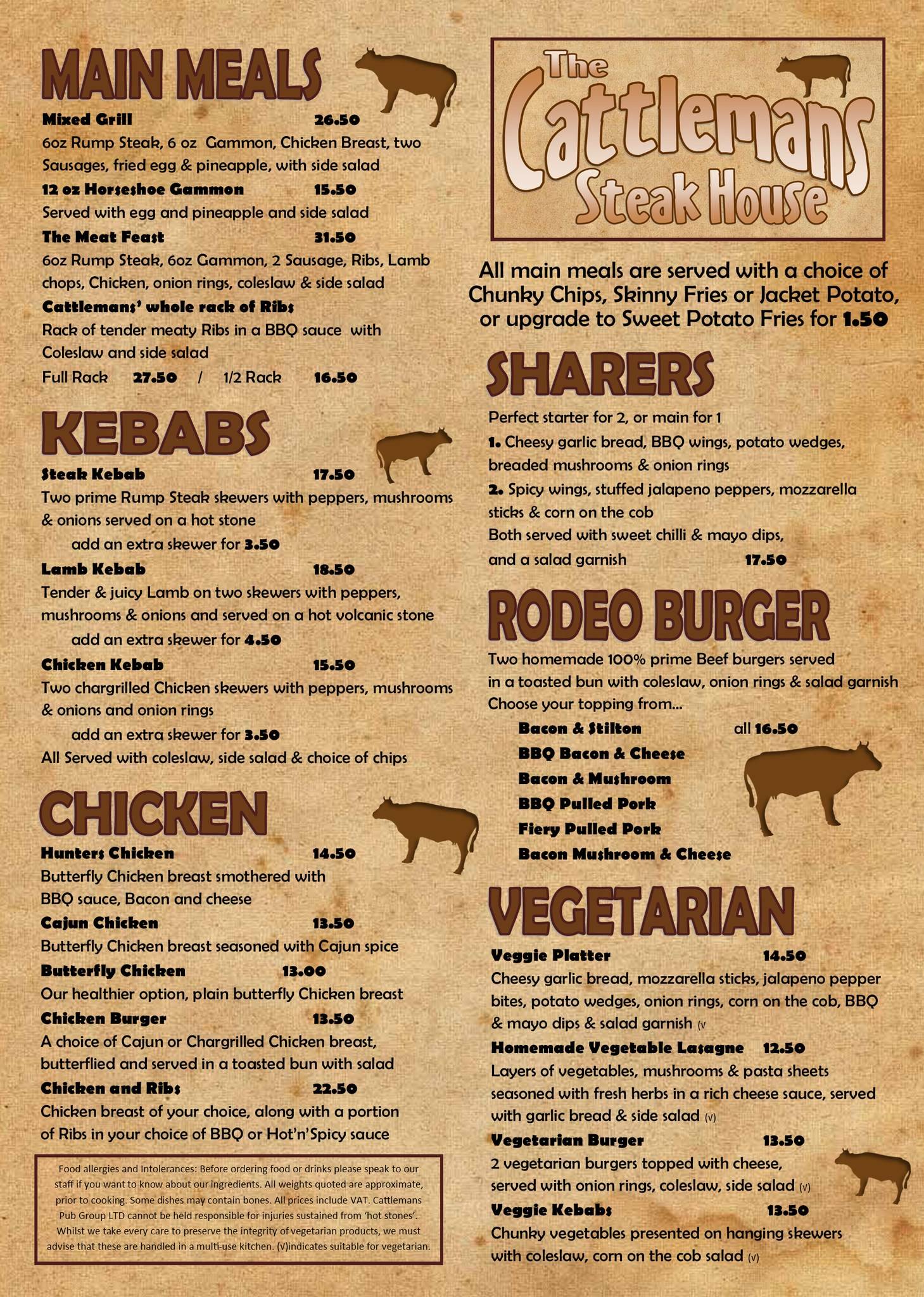 Menu at Cattlemans Steakhouse at The Parkers Arms, Paignton, 343-347 ...