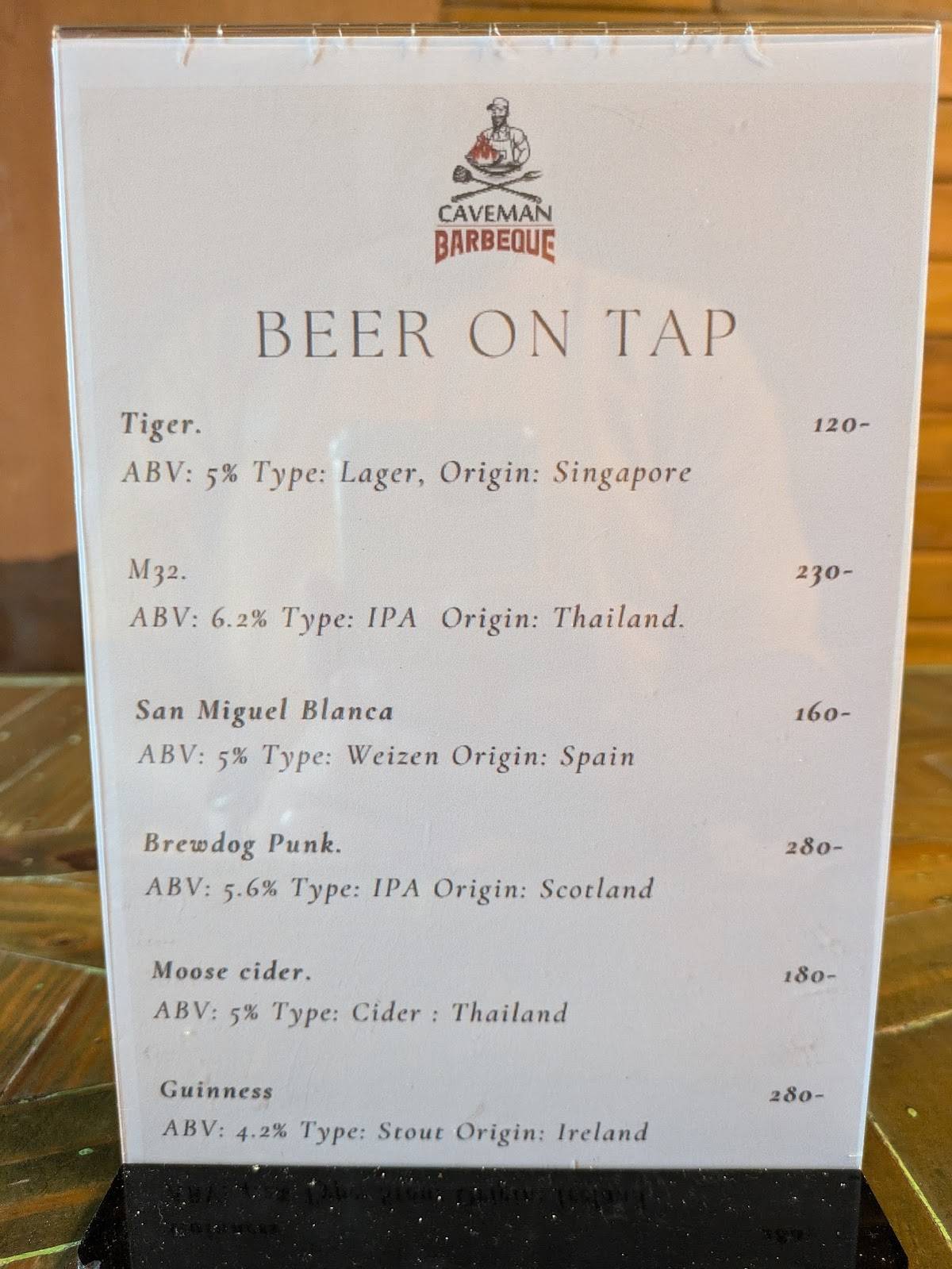Menu at Caveman Barbeque & Craft Beer, Thailand