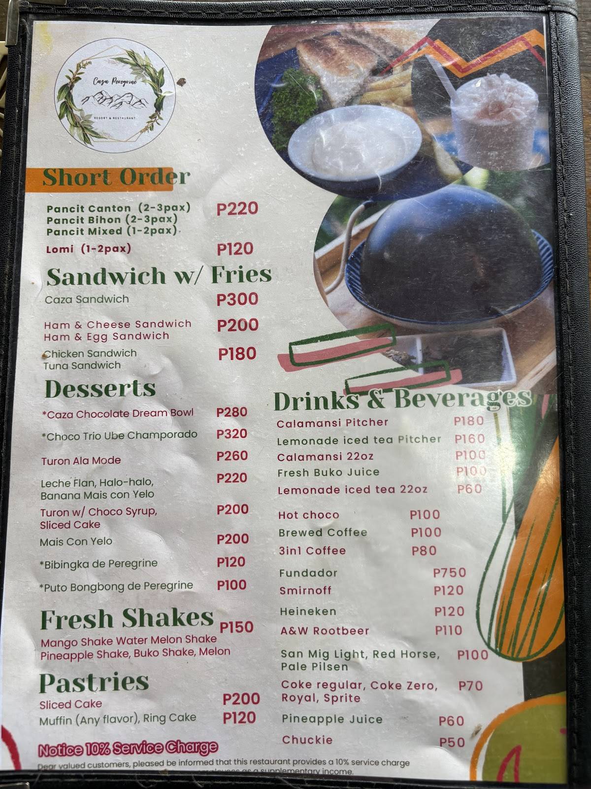 Menu at Caza Peregrine Resort & Restaurant, San Mateo