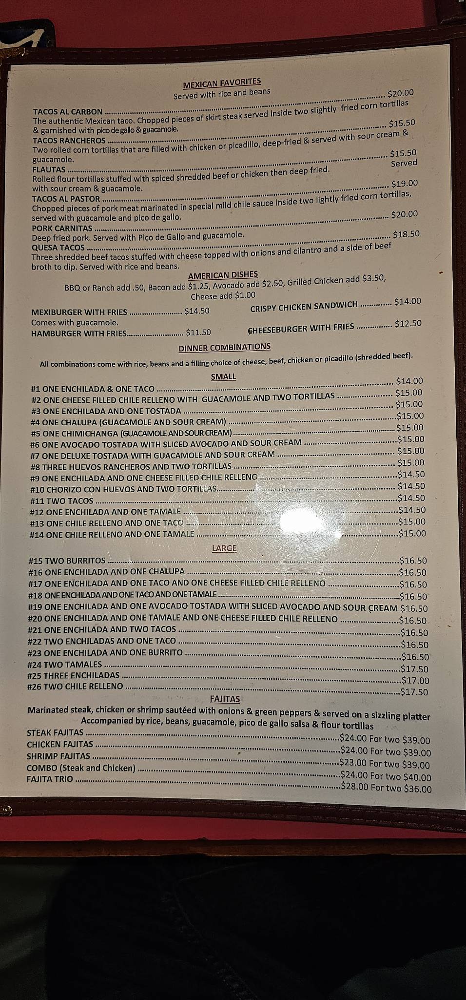 Menu at Cazadores restaurant, Crescent City