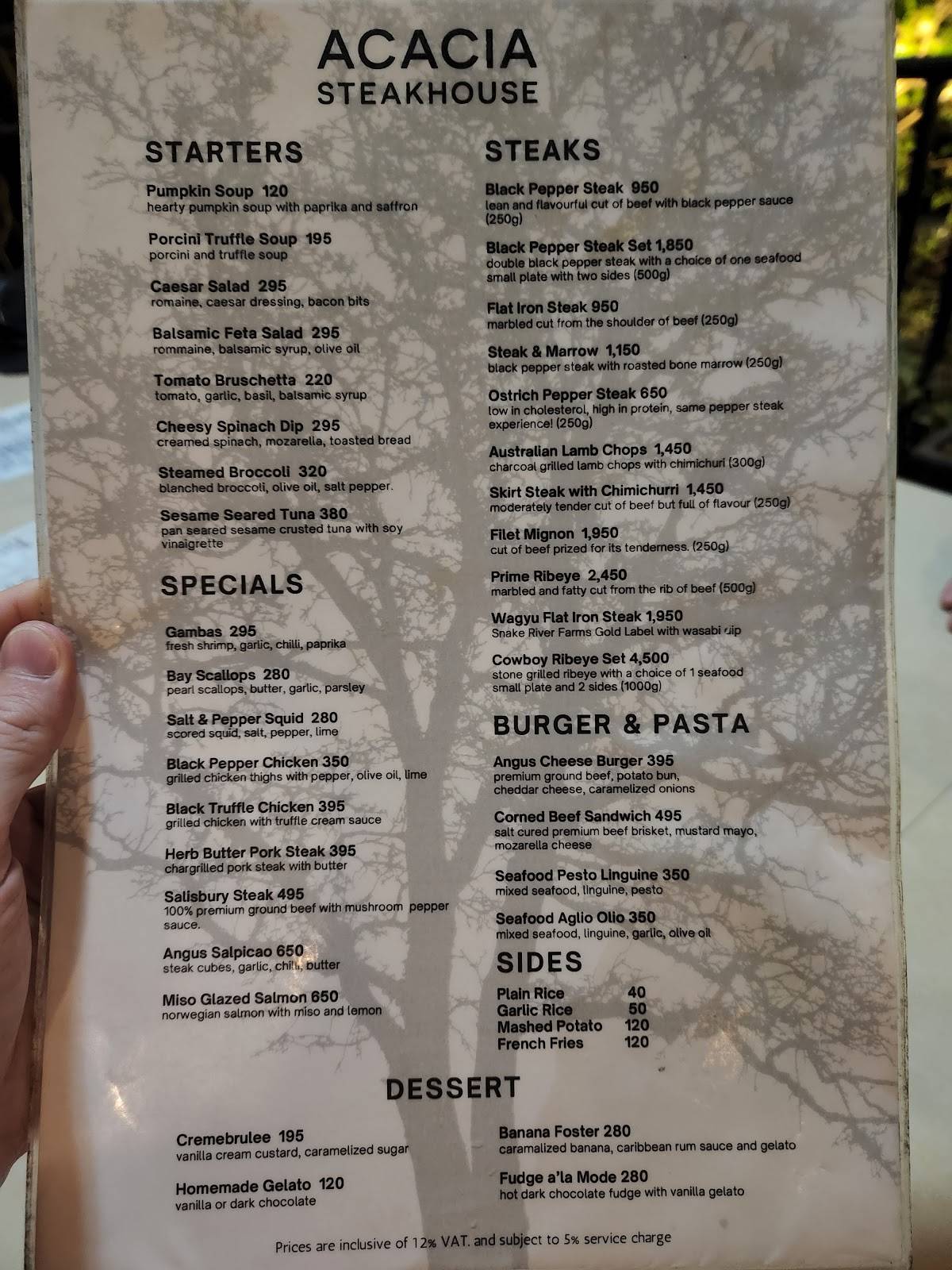 Menu at Acacia Steakhouse, Cebu City