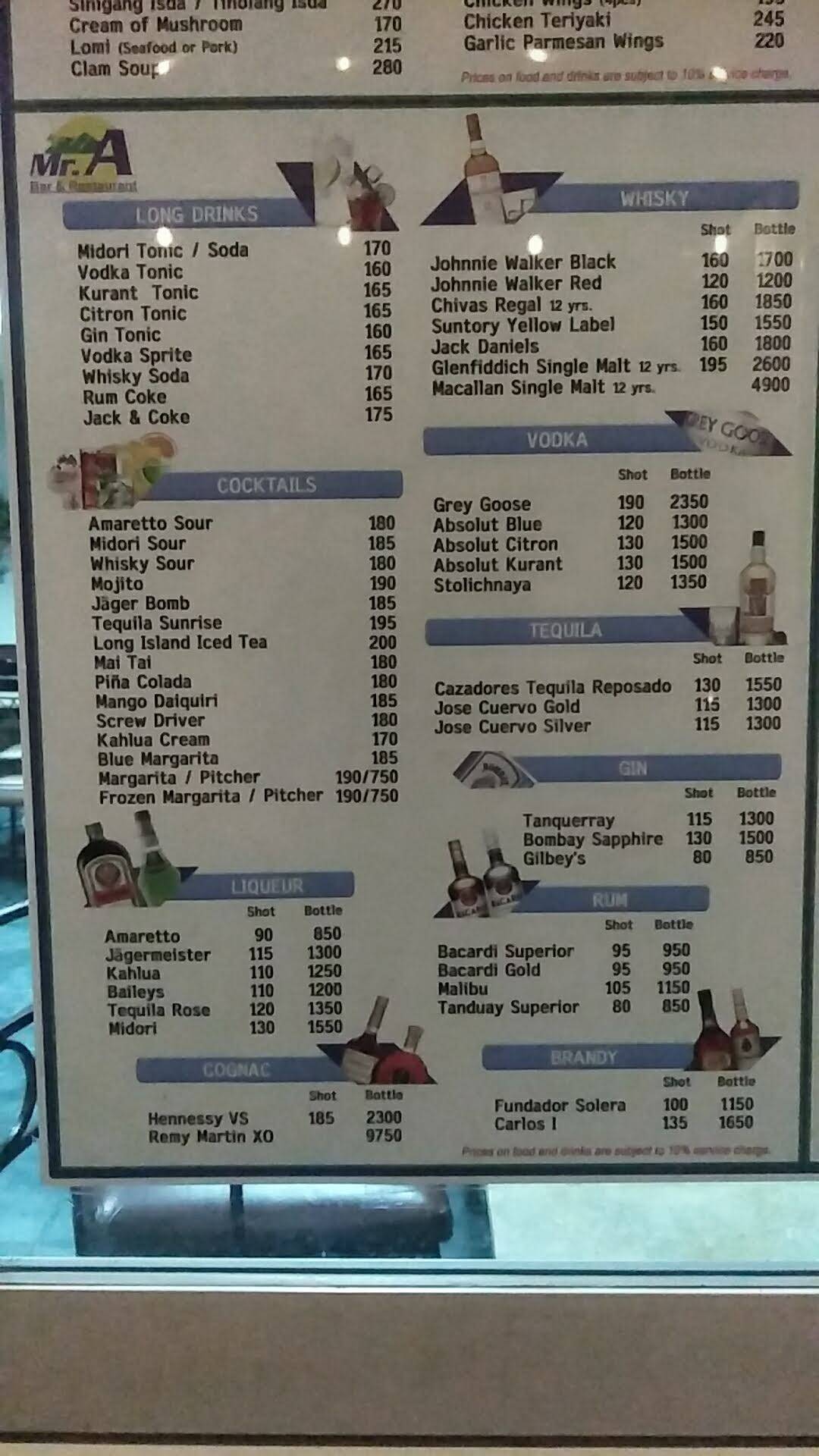 Menu at Mr. A Bar & Restaurant, Cebu City