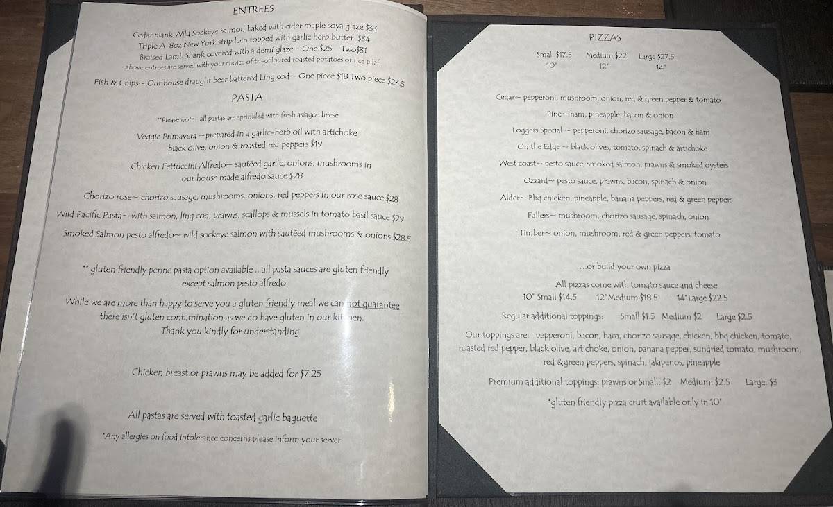 Menu at Cedar Grill restaurant, Ucluelet, Peninsula Rd #7