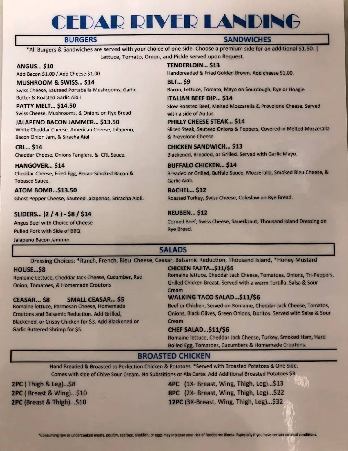 Menu at Cedar River Landing pub & bar, Cedar Rapids