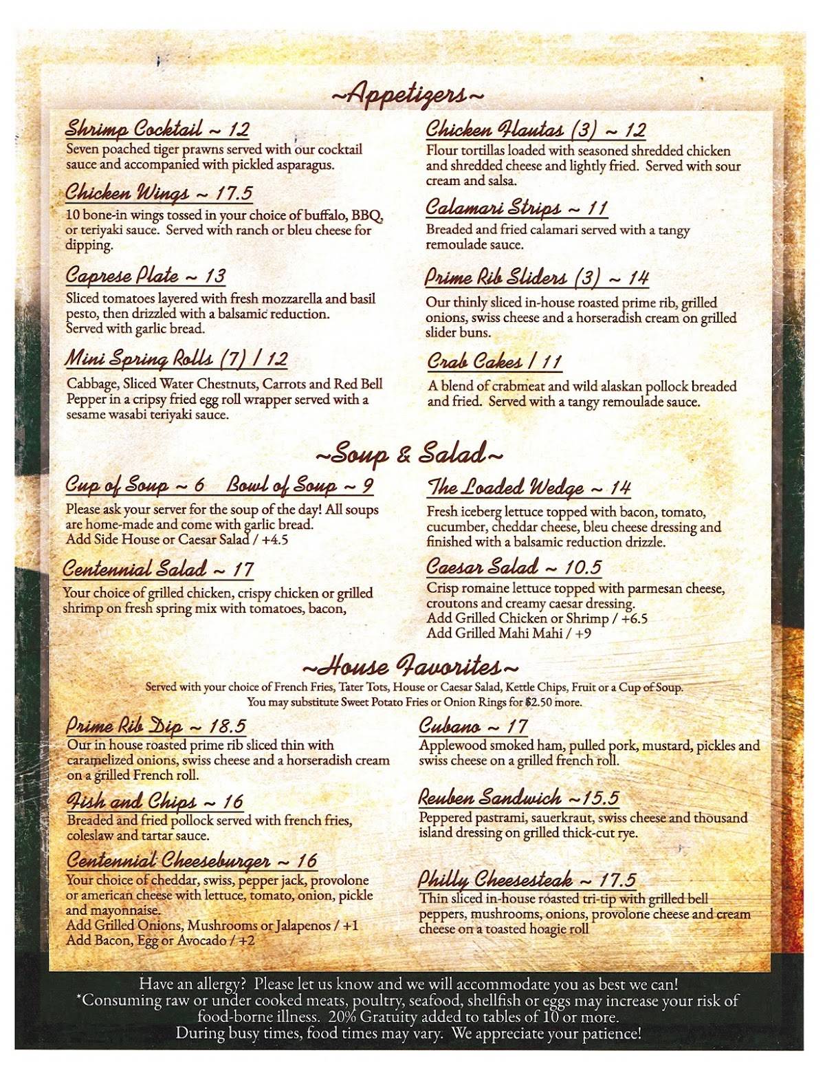 Menu at Centennial Grille restaurant, Medford