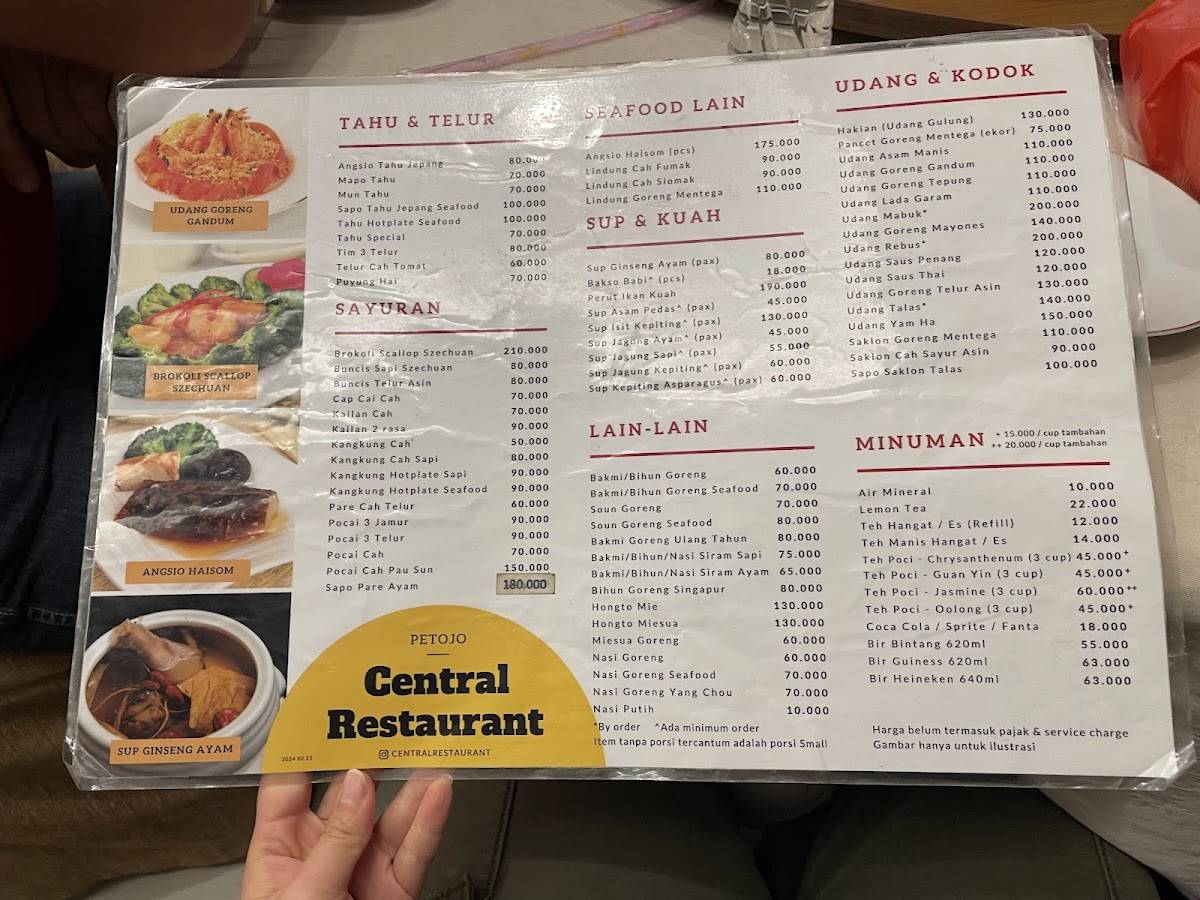Menu at Central Petojo restaurant, Jakarta, Jl. A.M Sangaji No.8