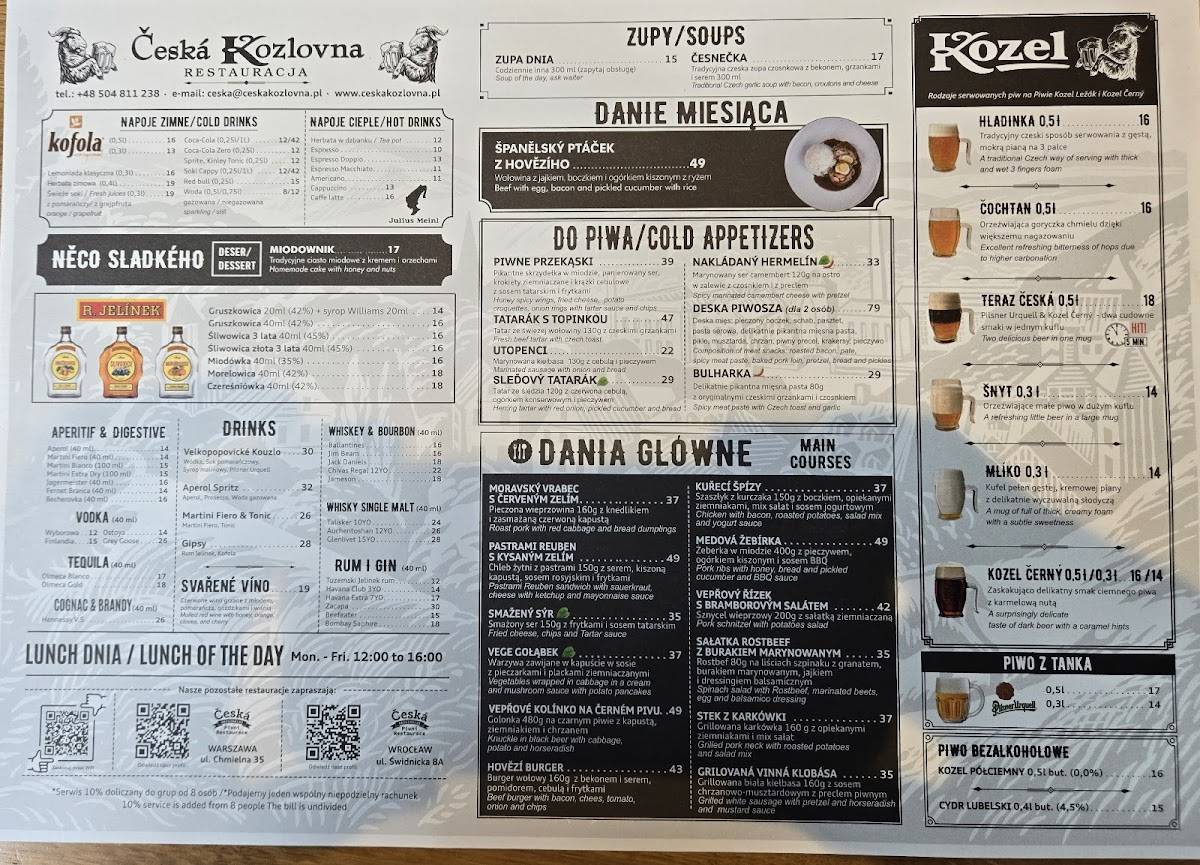 Menu at Ceska Kozlovna restaurant, Warsaw