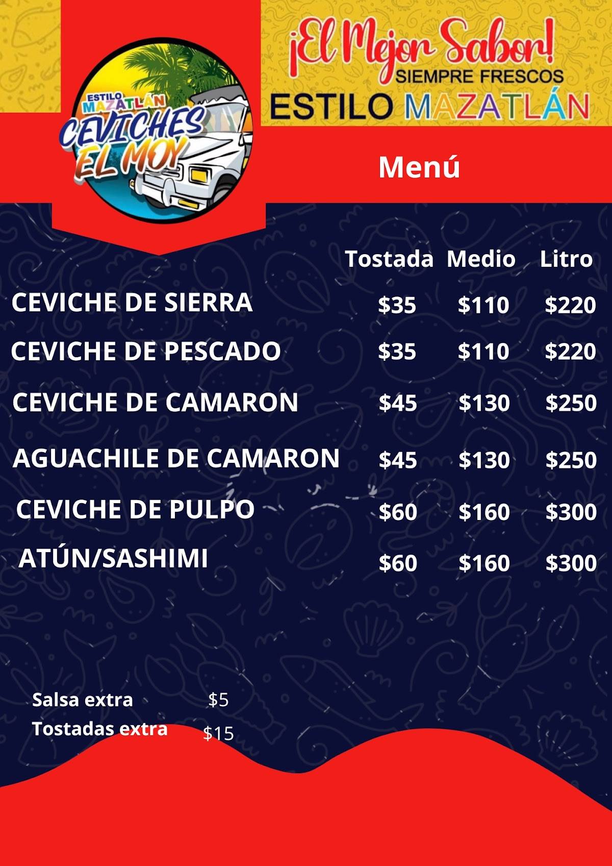 Menu at Ceviches el moy restaurant, Cabo San Lucas