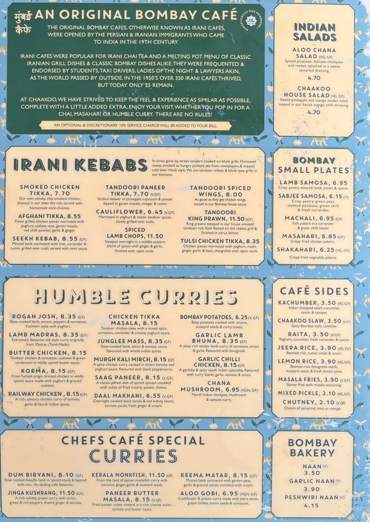 Menu at Chaakoo Bombay Cafe, Glasgow