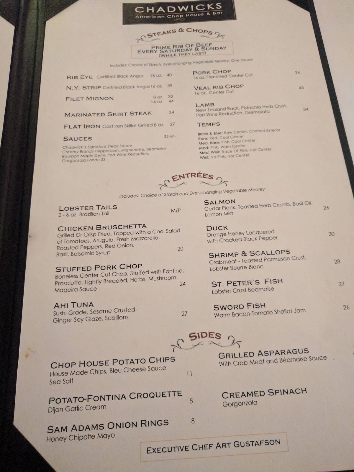 Menu at Chadwick's American Table & Cocktails steakhouse, Rockville Centre