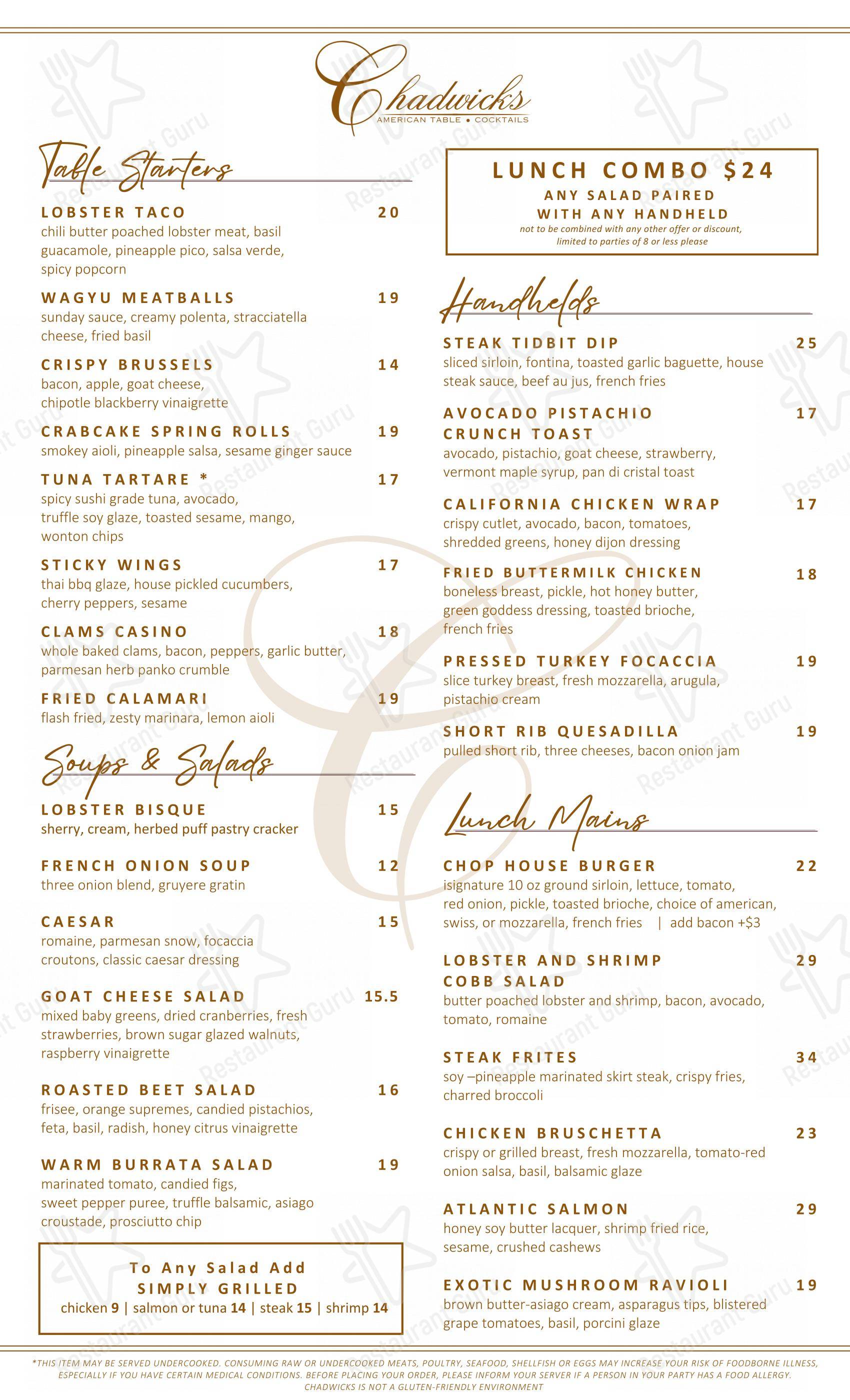Menu at Chadwick's American Table & Cocktails steakhouse, Rockville Centre