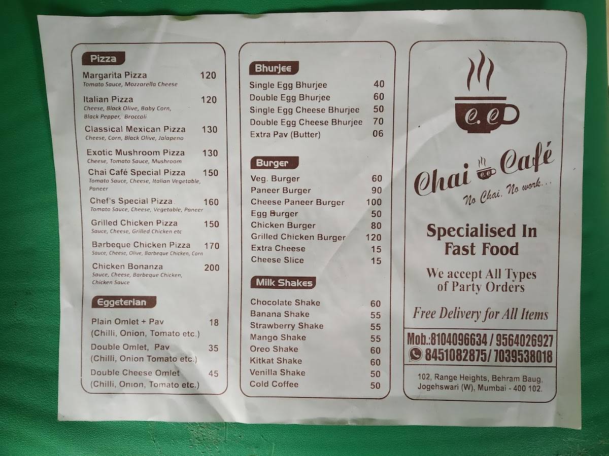 Menu at Chai Cafe, Mumbai, Shop Number 02