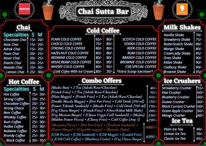 Menu at Chai Sutta Bar kharghar, Navi Mumbai