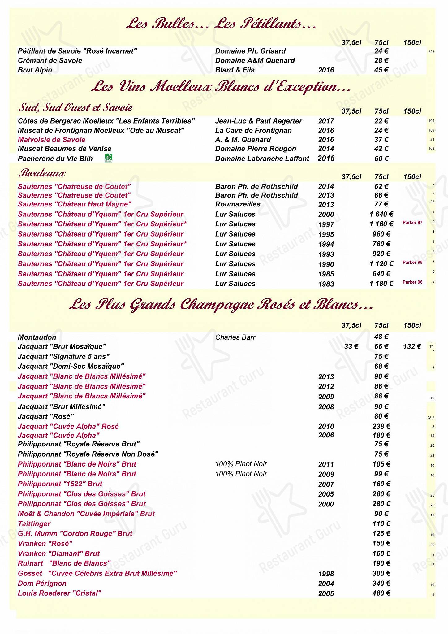 Menu at Château des Comtes de Challes pub & bar, Challes-les-Eaux