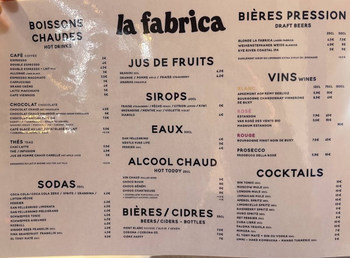 Menu au La Fabrica restaurant, Chamonix-Mont-Blanc