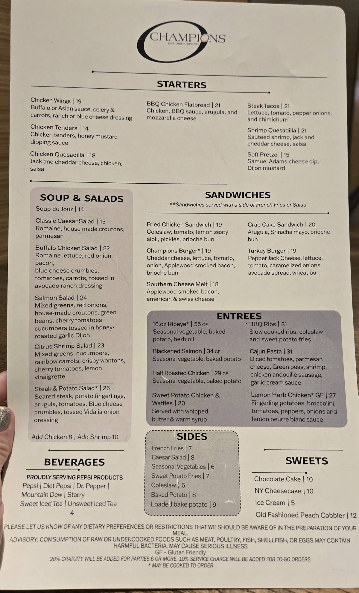 Menu at Champions pub & bar, Atlanta, Convention Center Concourse