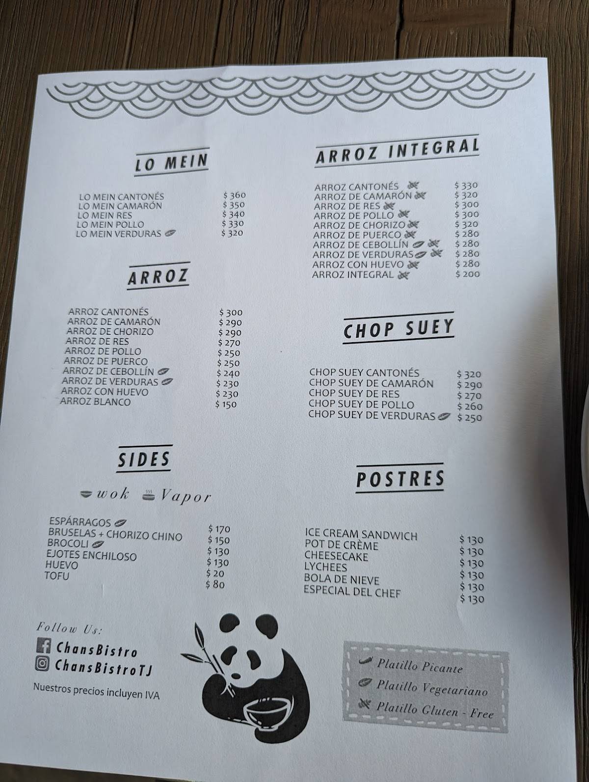 Menu at Chan's Bistro restaurant, Tijuana
