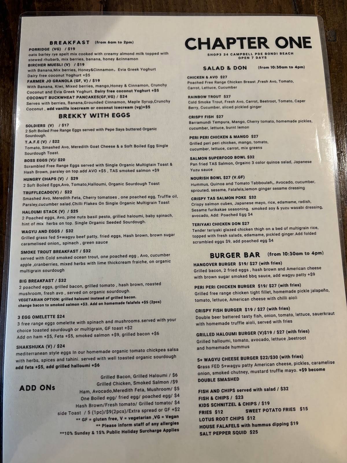 Menu at Chapter One Café & Wine Room. restaurant, Bondi Beach, 34 ...