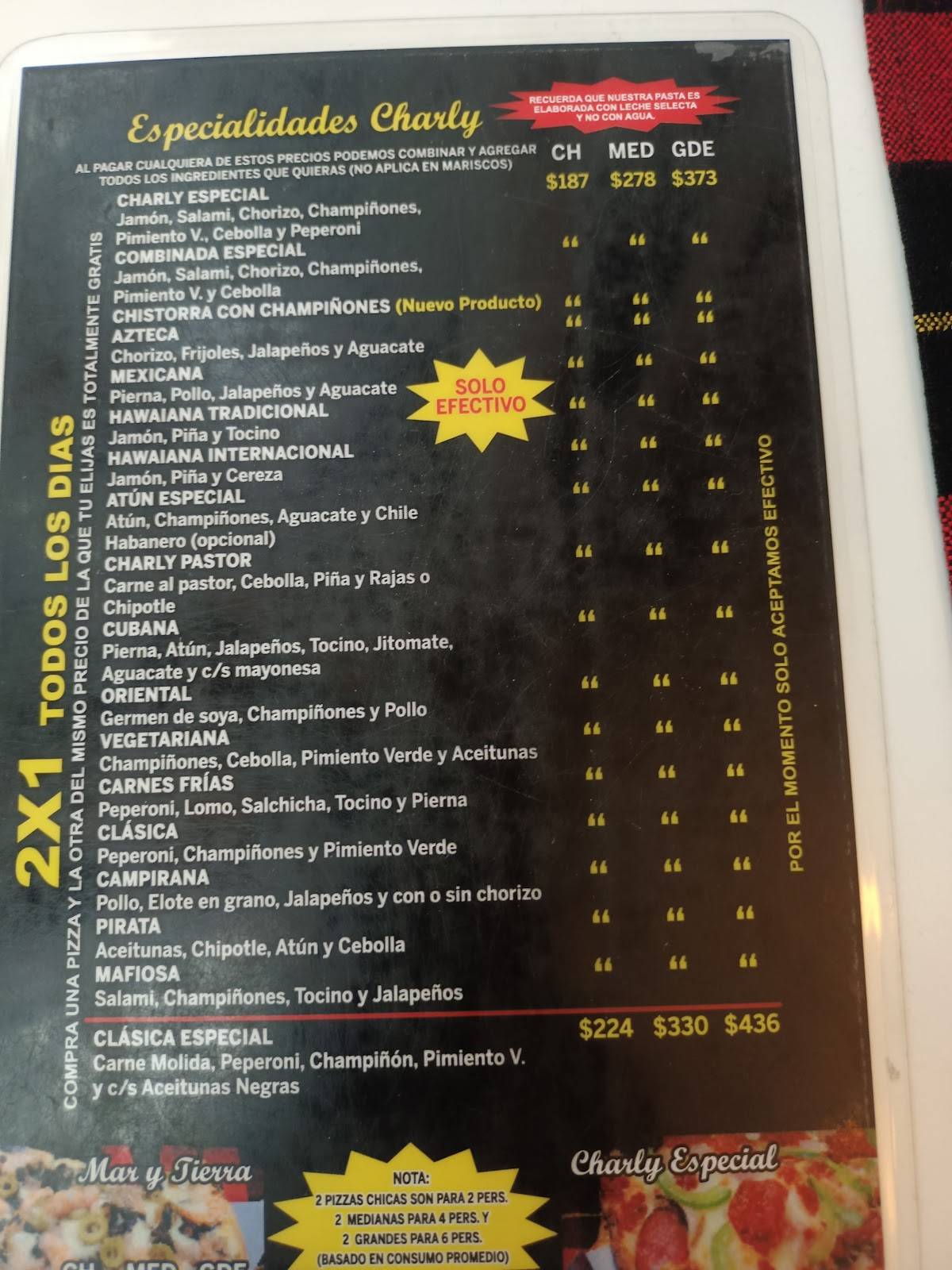 Carta del restaurante Charly Pizza, Ciudad del México, Ave 8