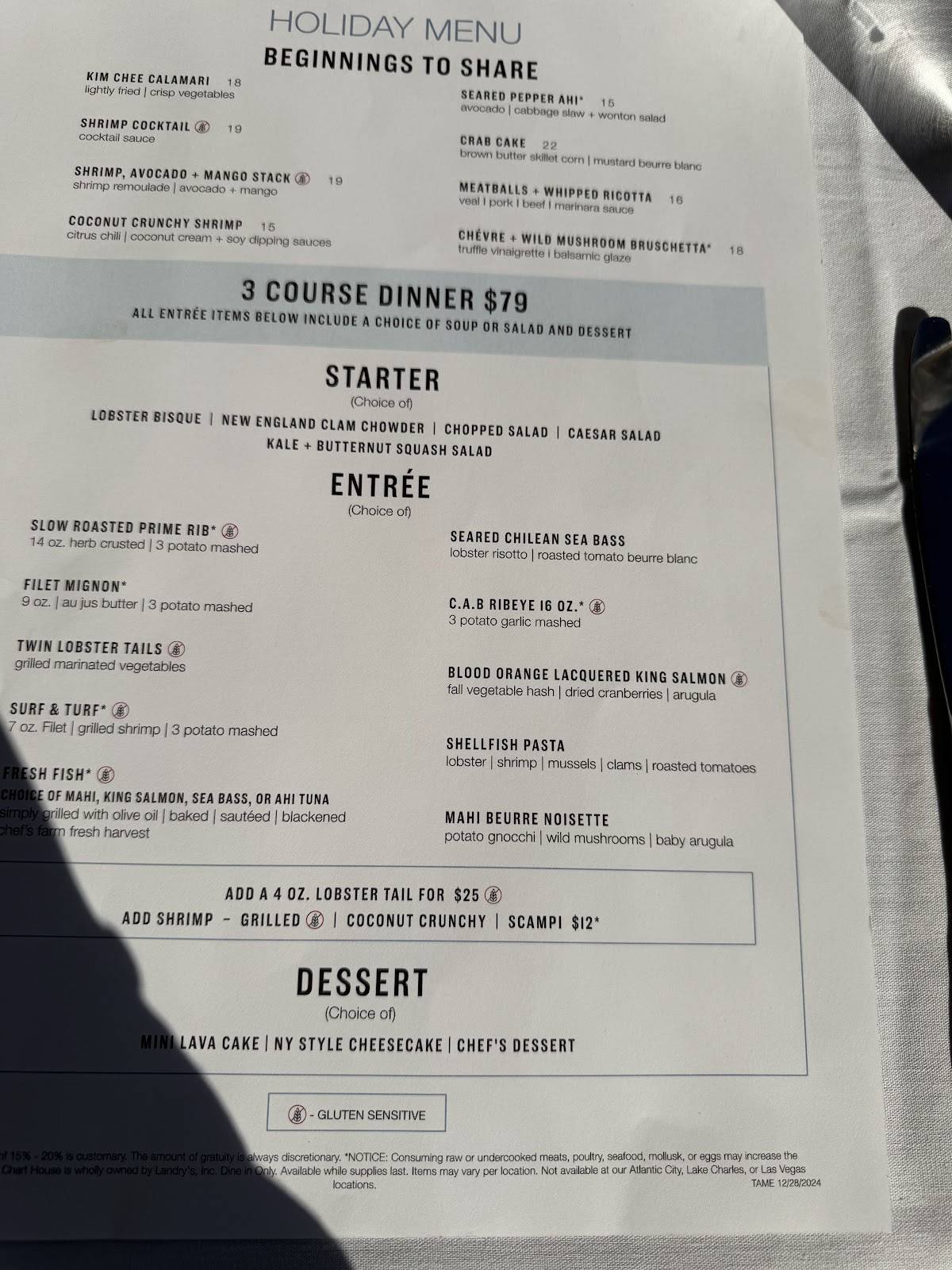 Carta de parrilla Chart House, San Antonio