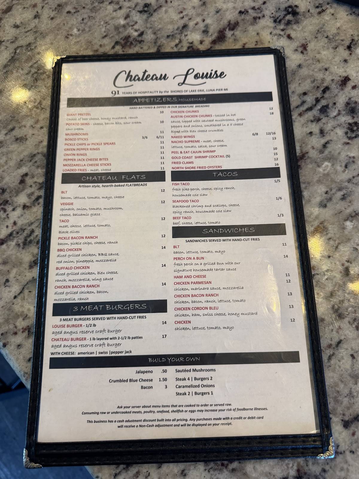 Menu at Chateau Louise Restaurant, Luna Pier, Luna Pier Rd