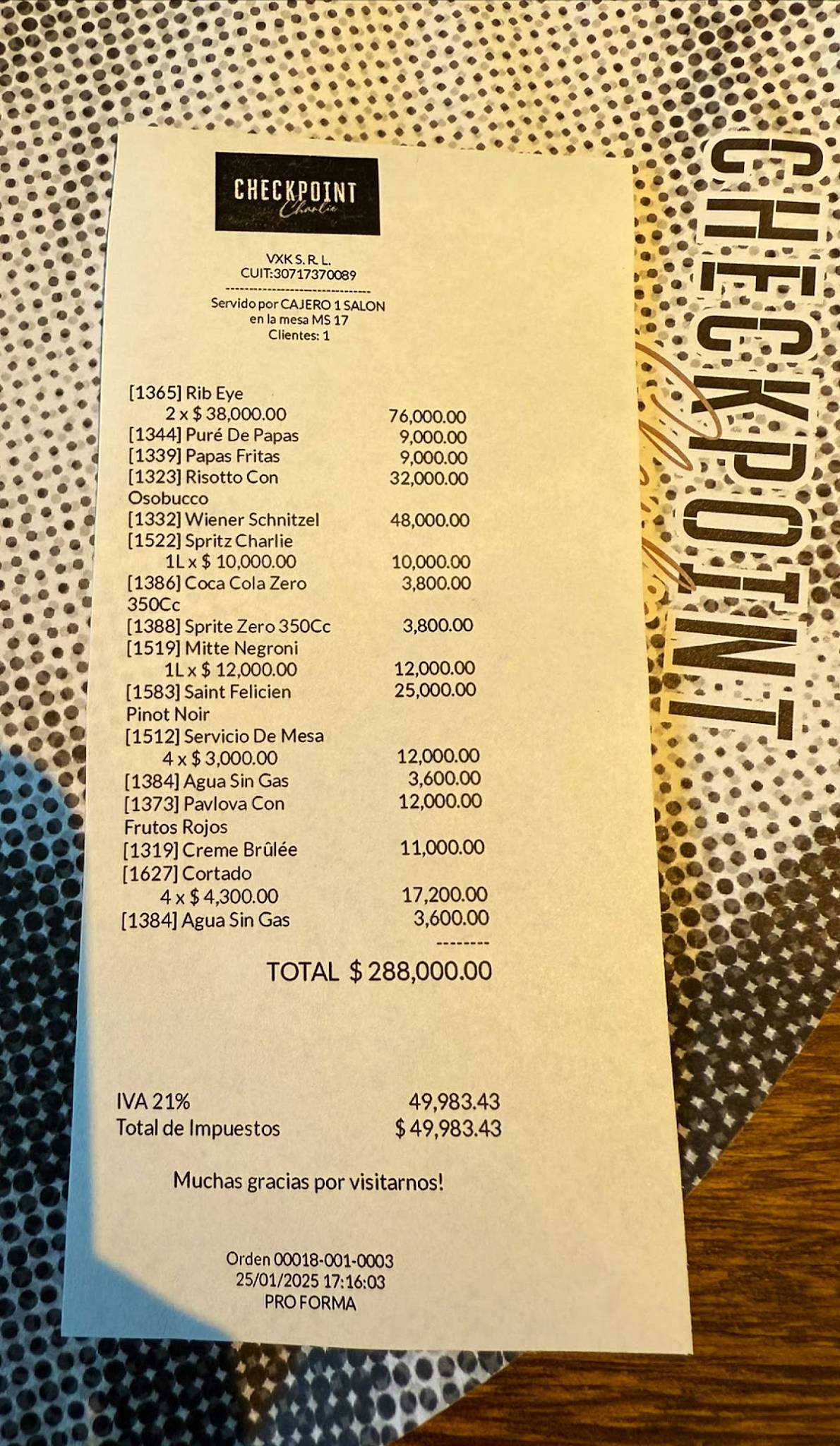 Menu at CheckpointCharlie restaurant, Buenos Aires