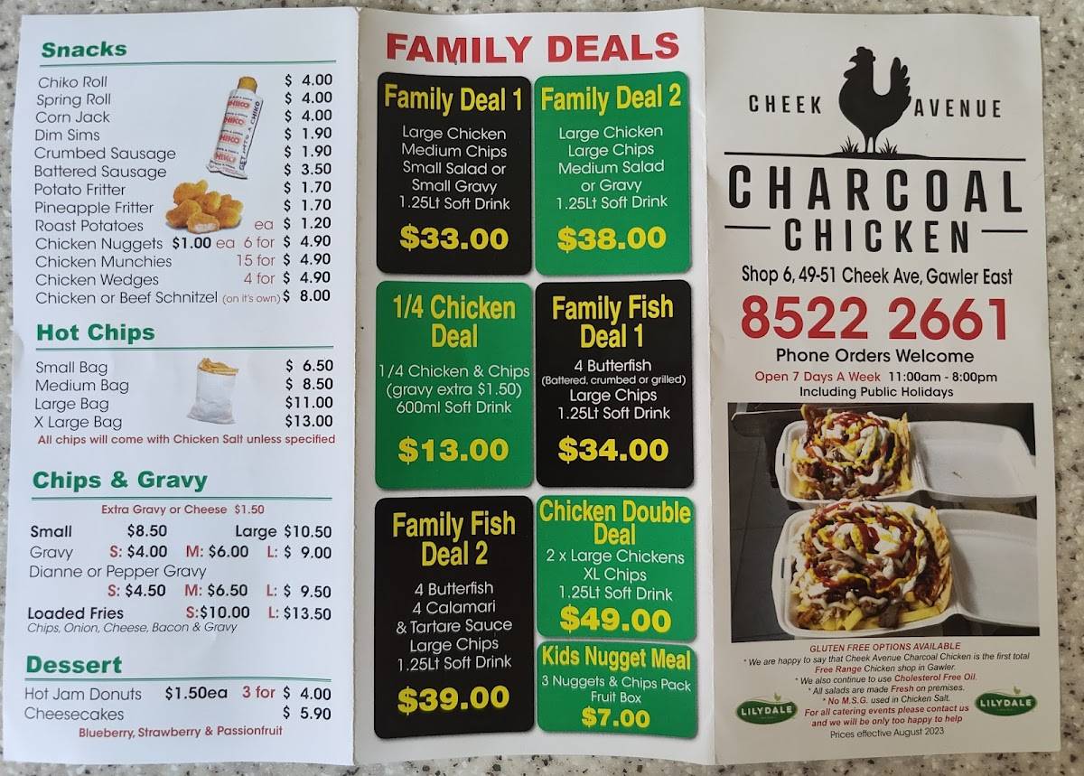 Menu at Cheek Ave Charcoal Chicken & Takeaway fast food, Gawler East