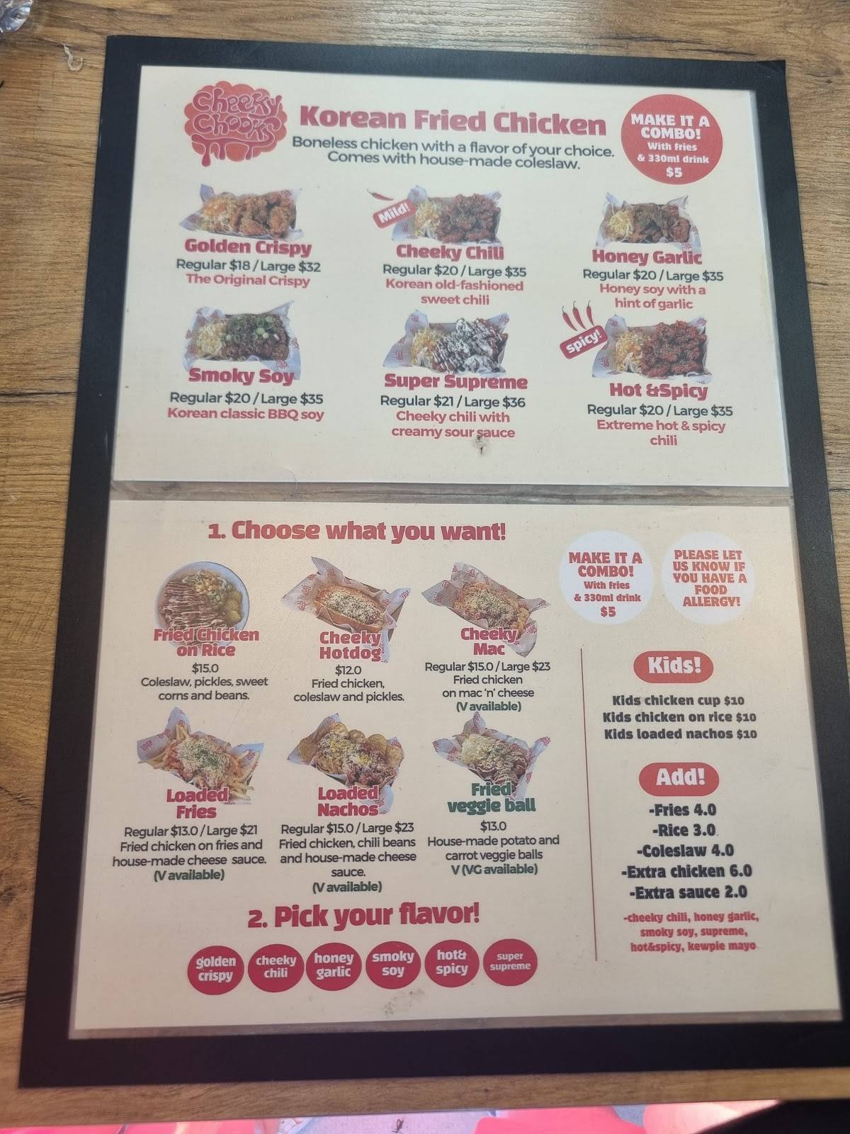 Menu at Cheeky Chooks restaurant, Whangarei
