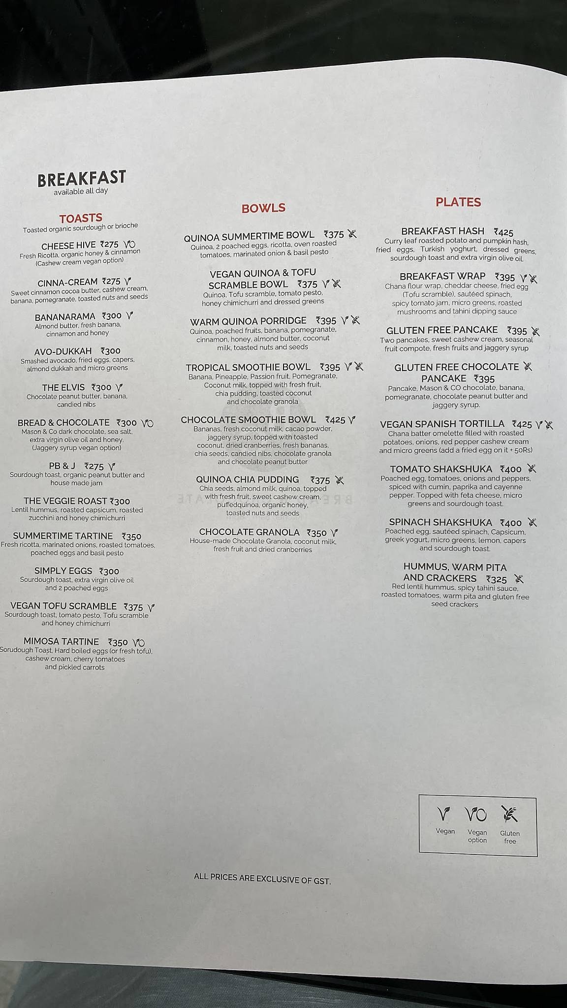 Menu at SOWL, Chennai