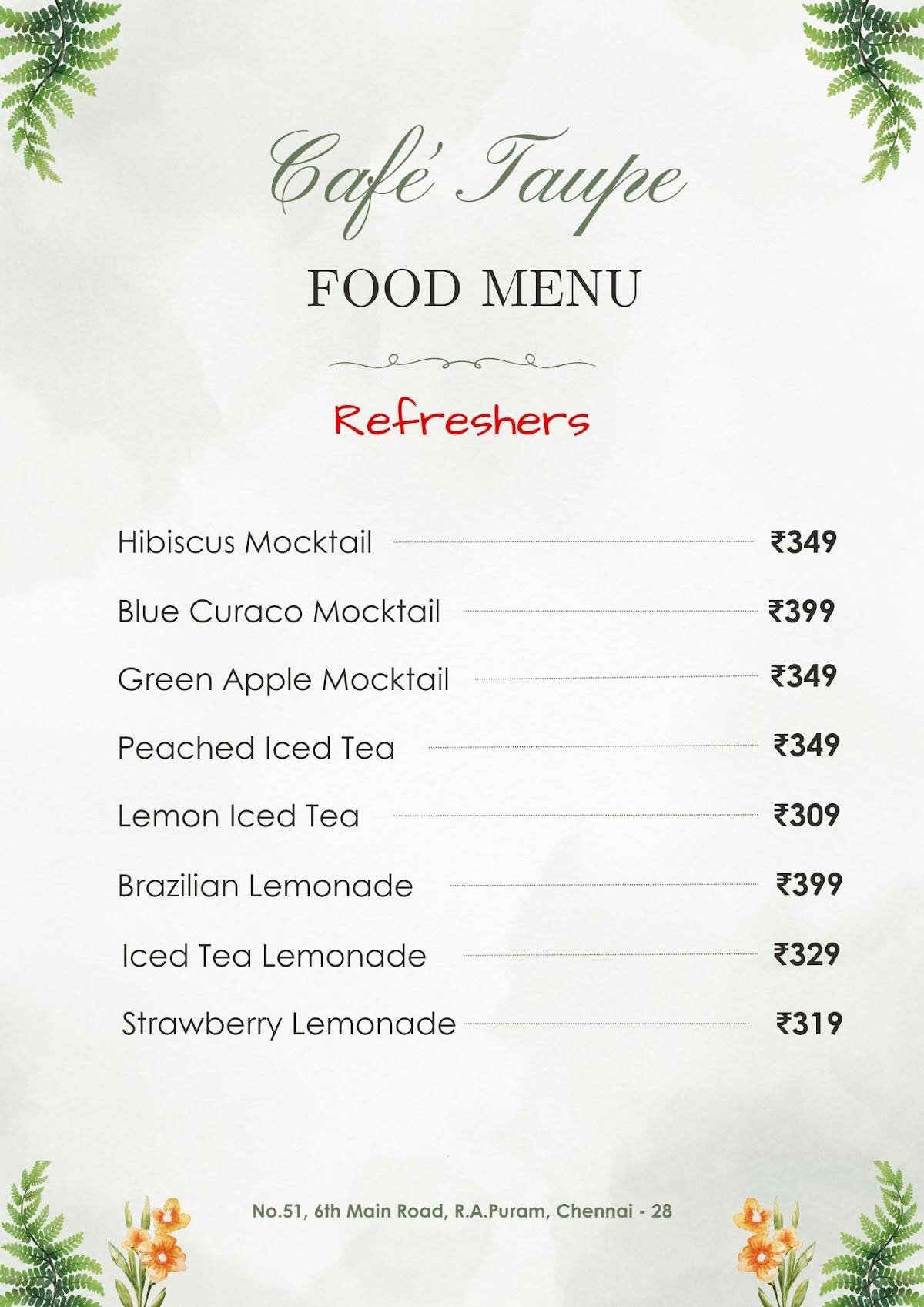 Menu at Café Taupe, Chennai, 51, 6th Main Rd