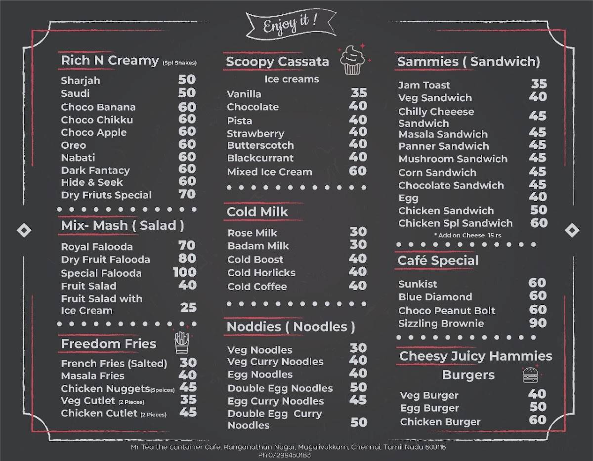 Menu at Mr Tea the container Cafe, Chennai
