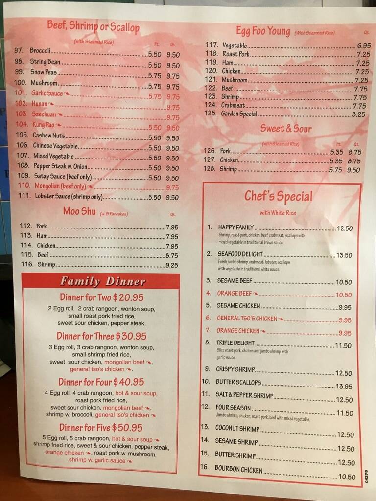 Menu at Cherry Garden restaurant, Washington