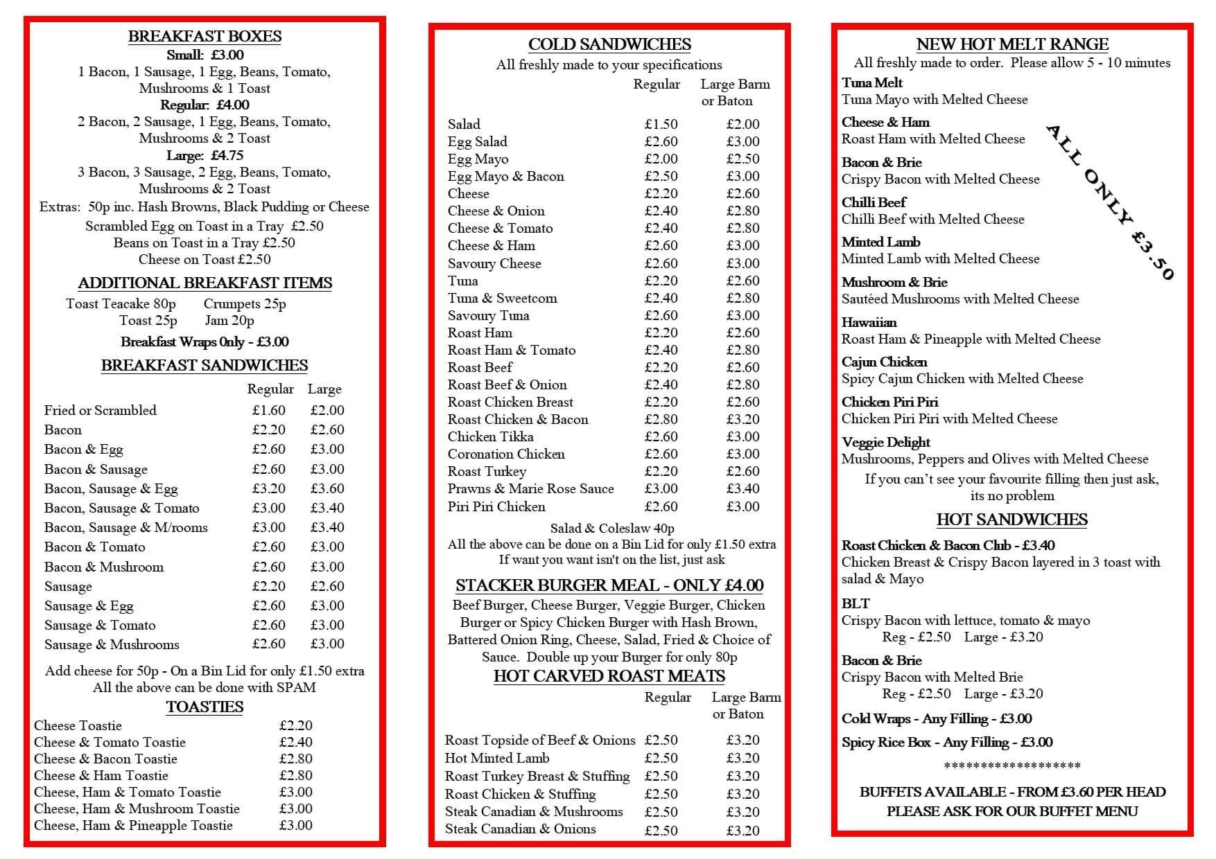 Menu at Cherry Tree Sandwich Bar, Blackpool