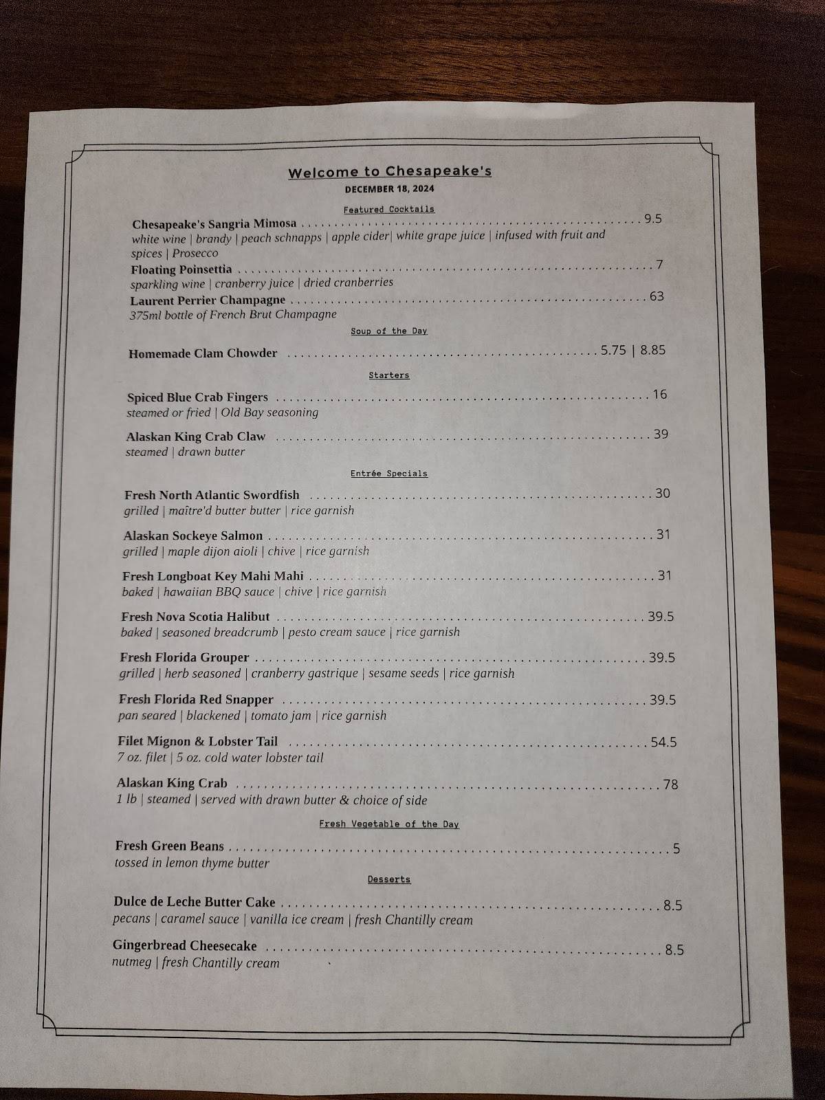 Menu at Chesapeake's Seafood Restaurant, Knoxville, Parkside Dr